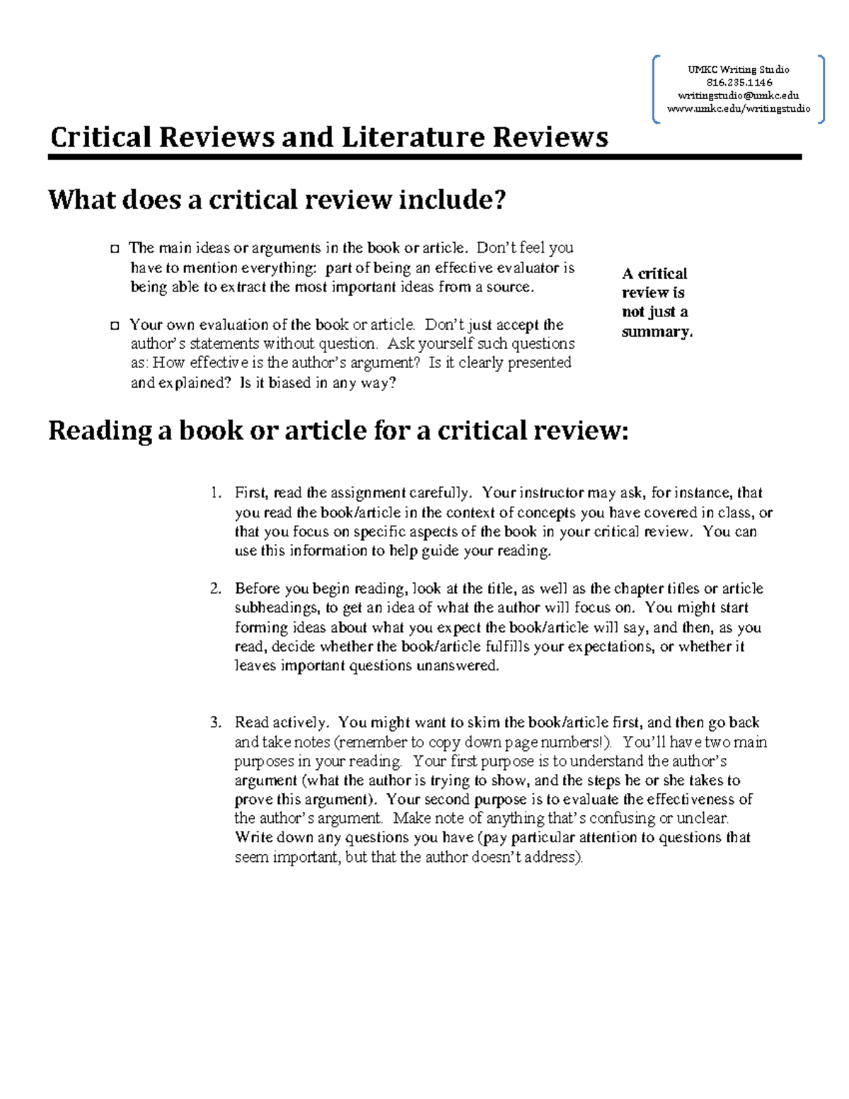 Critical review or literature review handout - Critical Reviews and ...