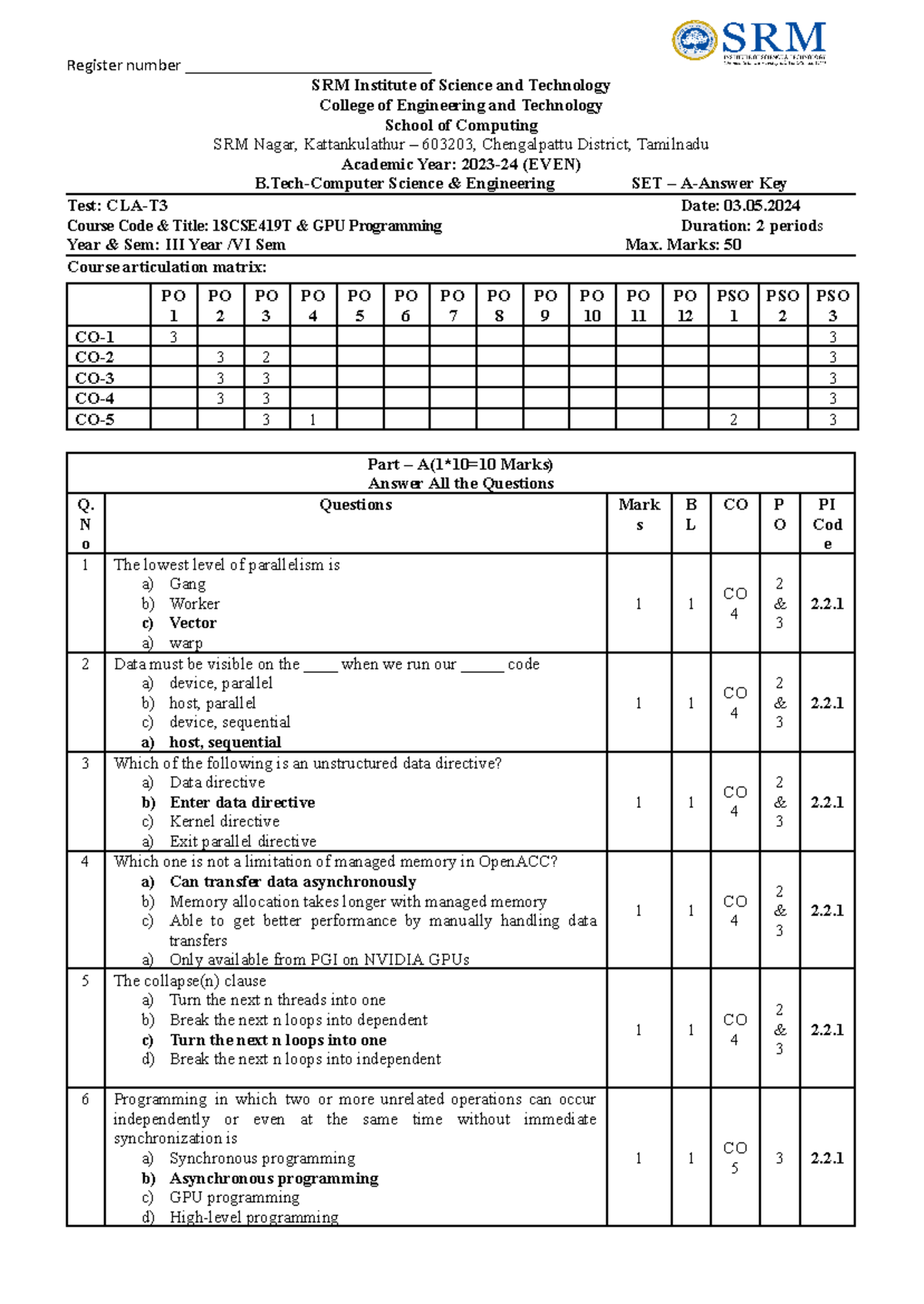 Ct3 Set A Answer Key Srm Institute Of Science And Technology College Of Engineering And