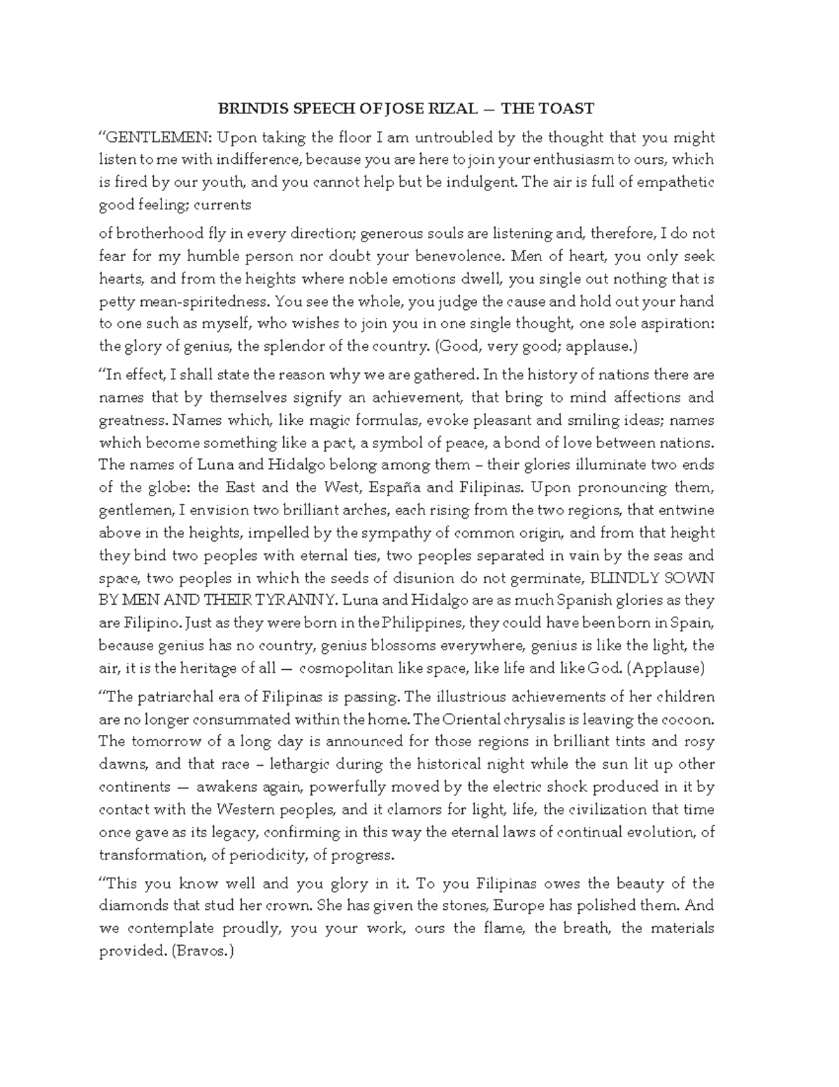 Brindis Speech OF JOSE Rizal — THE Toast - BRINDIS SPEECH OF JOSE RIZAL ...