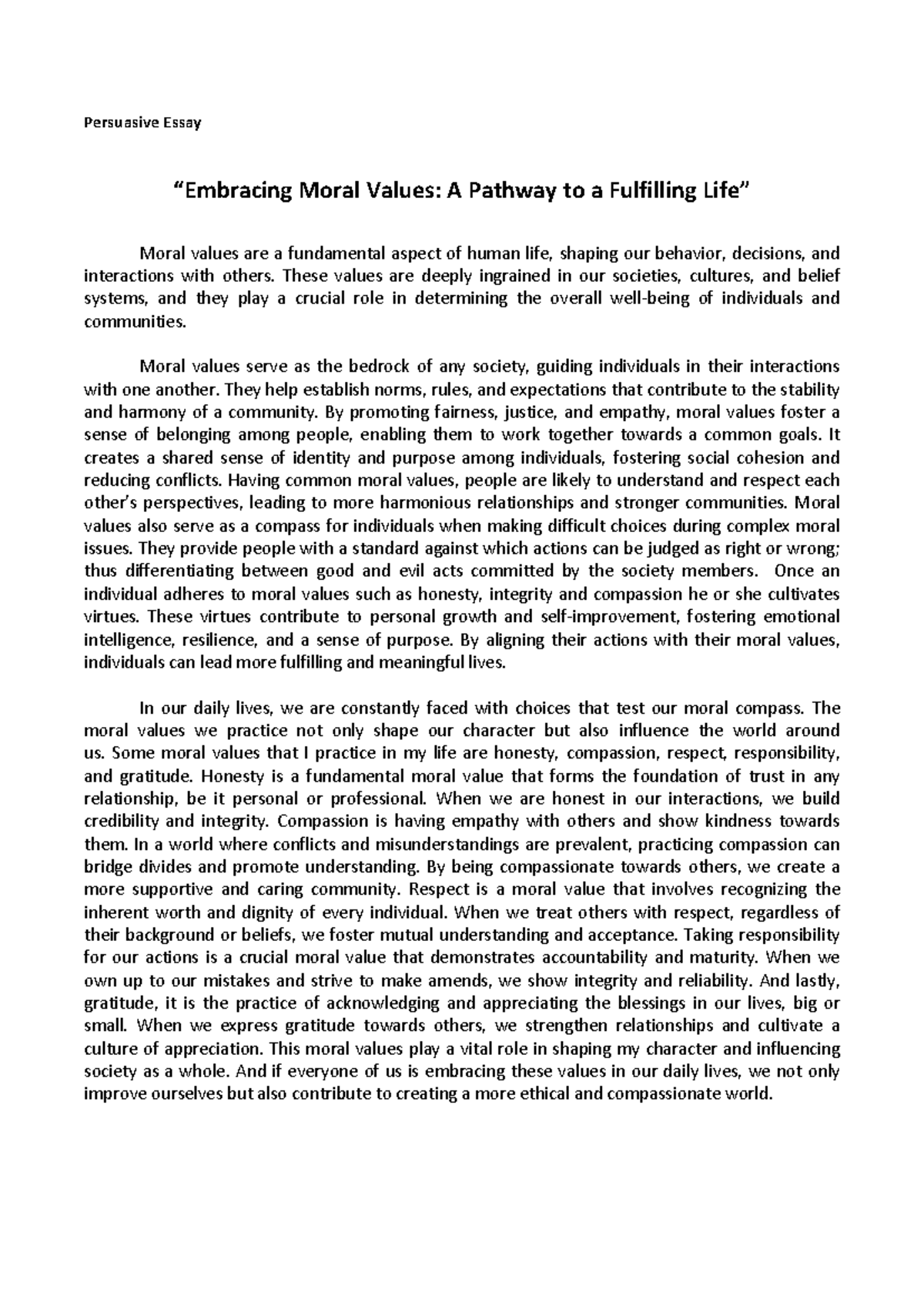 Embracing Moral Values- A Pathway to a Fulfilling Life (persuasive ...