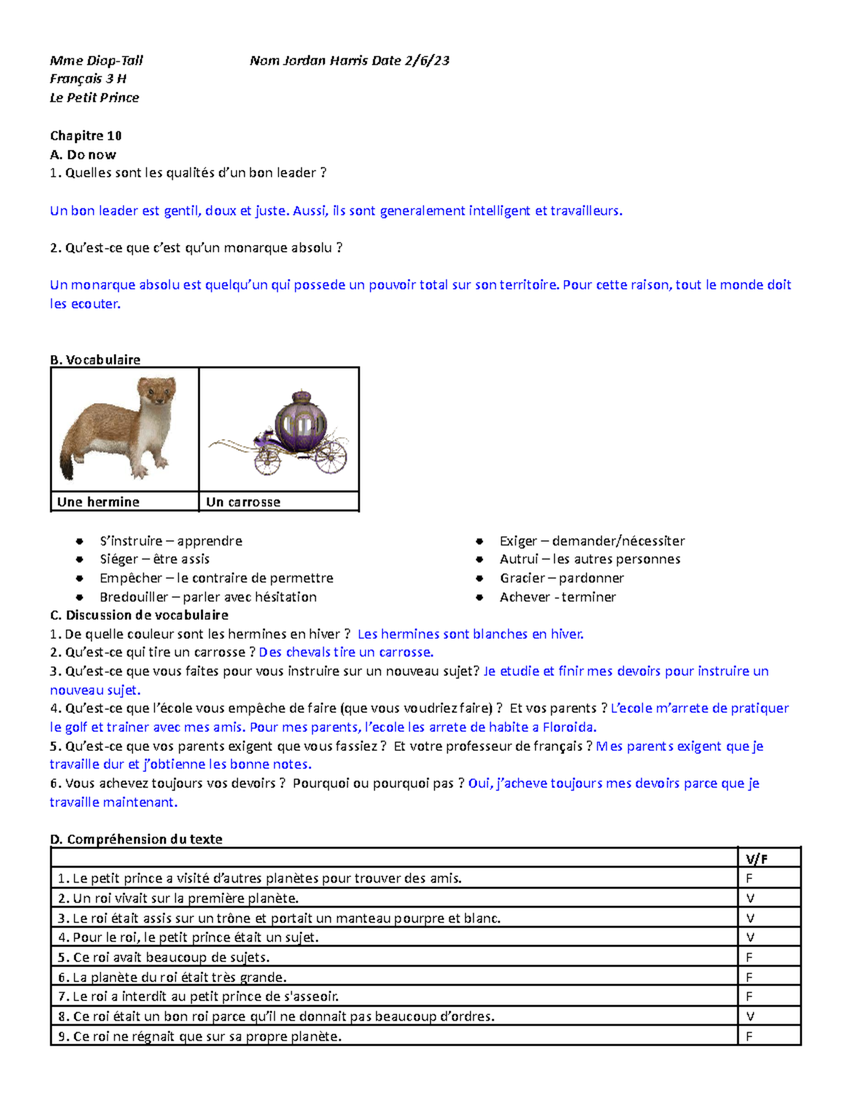Copy of Le Petit Prince Chapitre 10 - Mme Diop-Tall Nom Jordan Harris ...