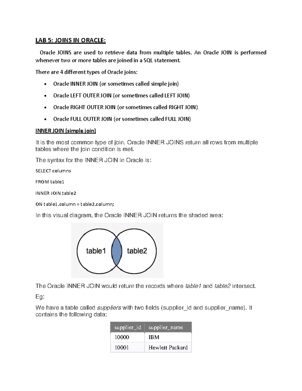 DBMSlab 6 - LAB 5 : JOINS IN ORACLE: Oracle JOINS are used to retrieve data from multiple tables ...