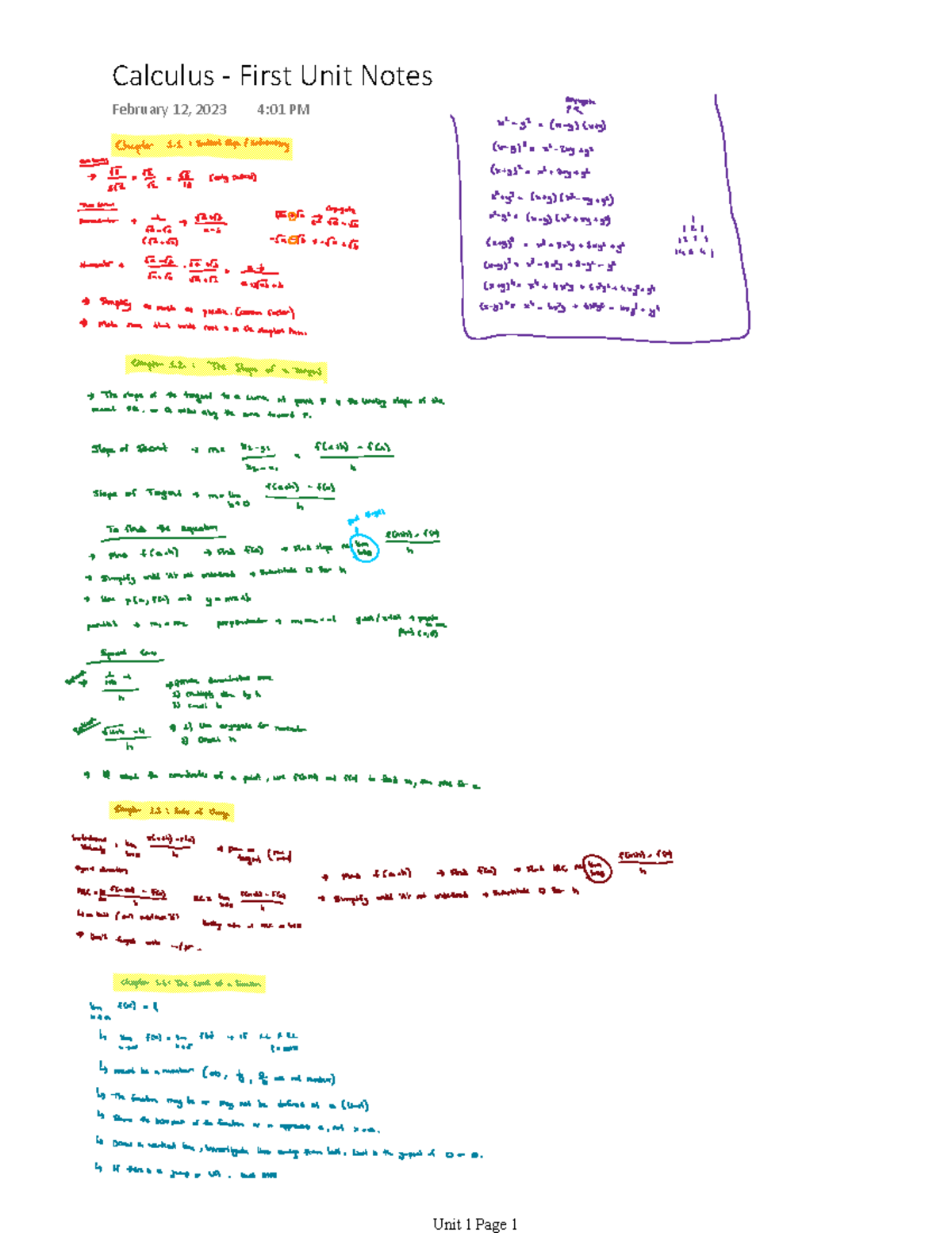 Calculus notes- first unit - Math 1Ls3 - Calculus - First Unit Notes ...