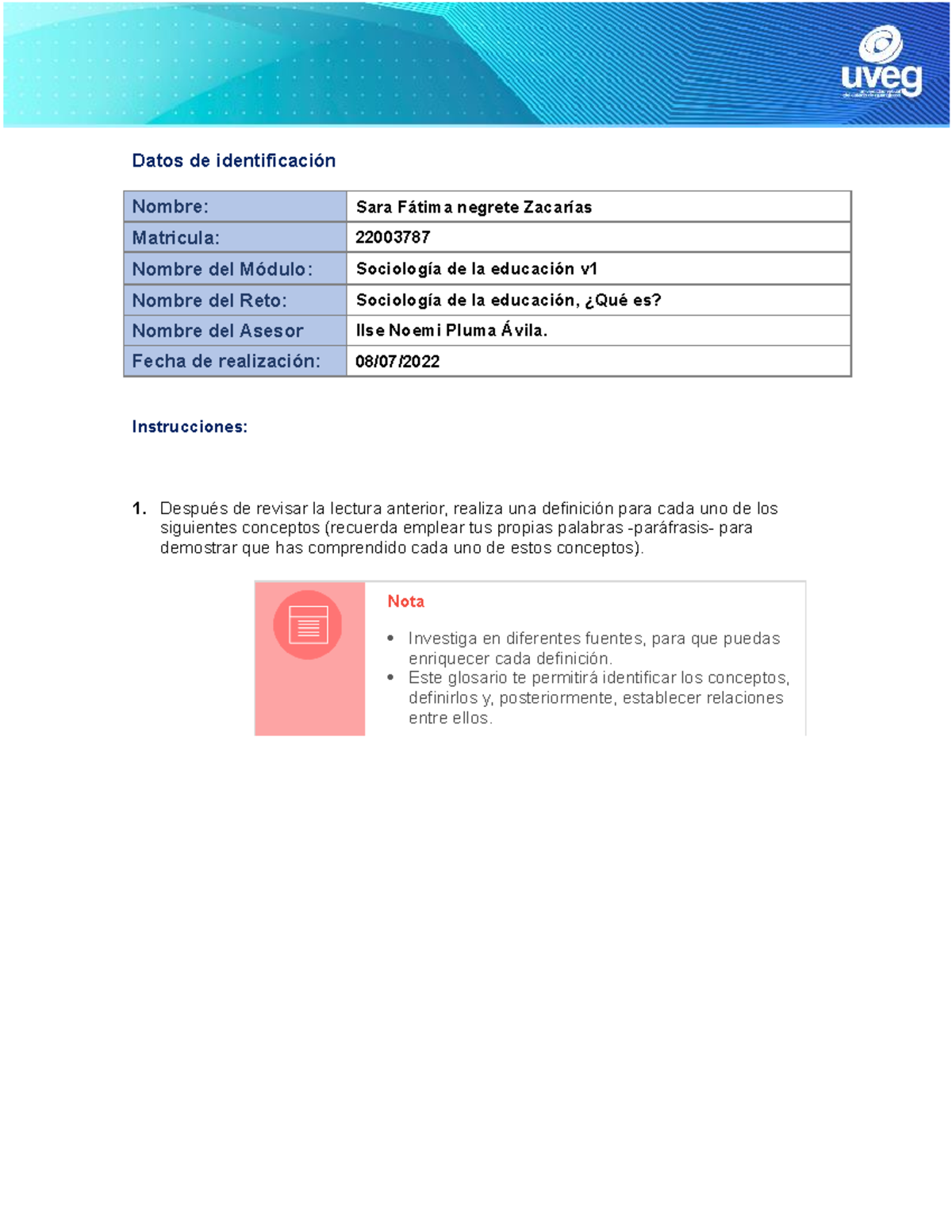 Negrete sara R2 U1 - hfftd - Datos de identificación Nombre: Sara ...