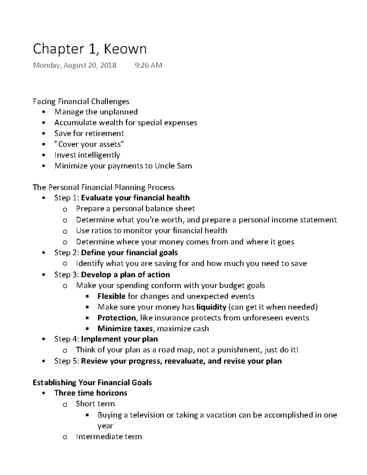 Chapter 1 Lecture Notes PFP - Chapter 1, Keown Monday, August 20, 2018 ...