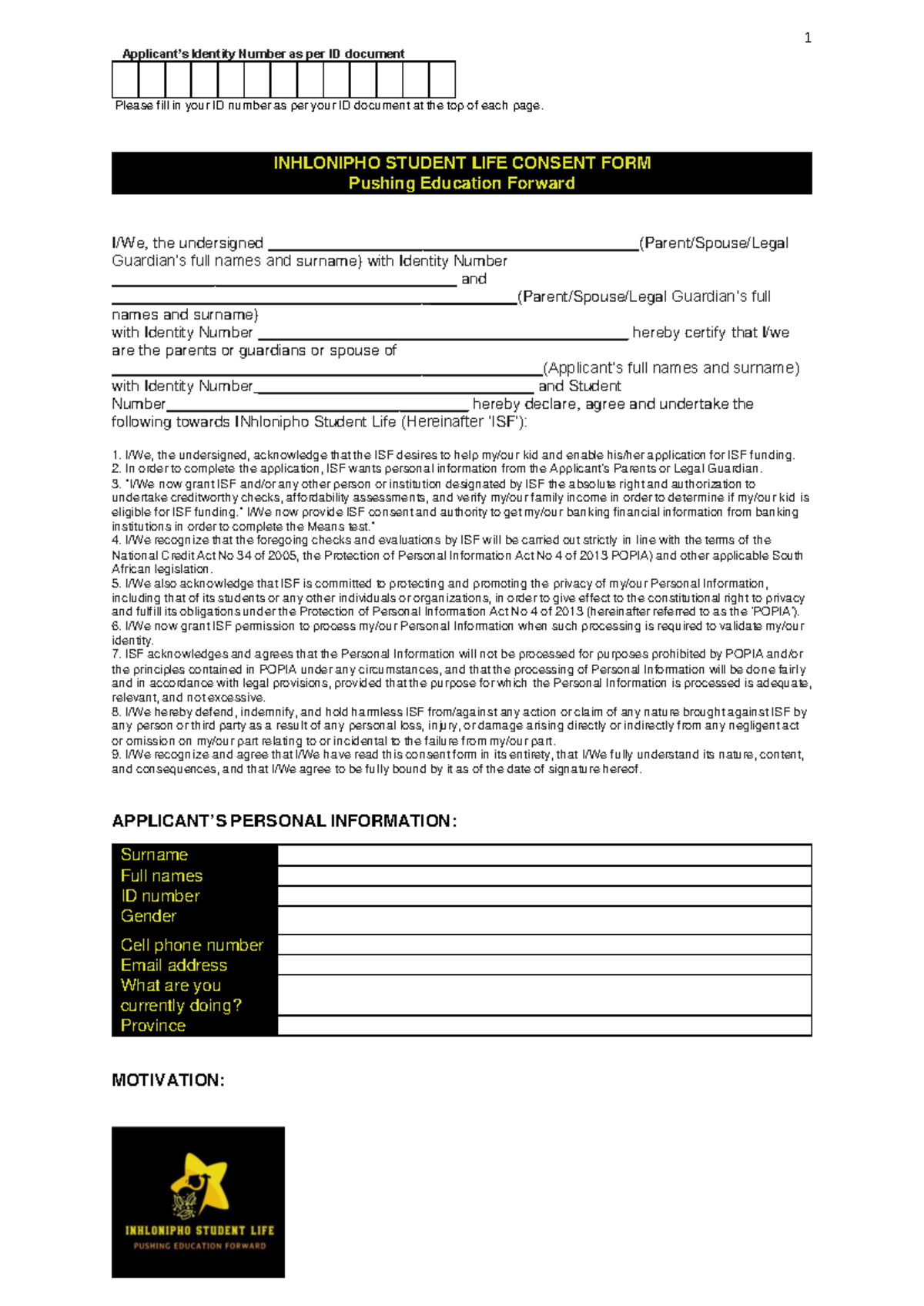 Consent Form-ISF - form - 1 Applicant’s Identity Number as per ID ...
