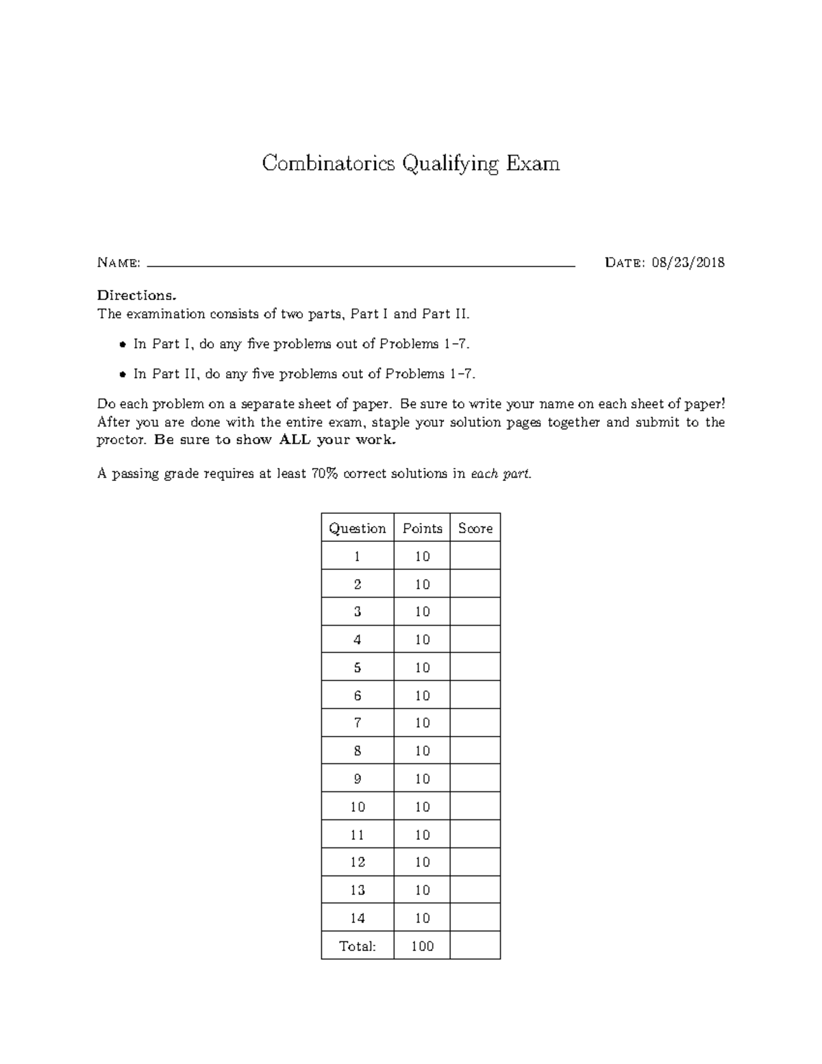Combinatorics Exercises For The Class Combinatorics Qualifying Exam 