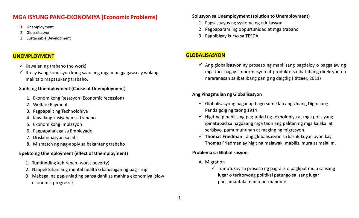 Araling Panlipunan 1O Reviewer - MGA ISYUNG PANG-EKONOMIYA (Economic ...