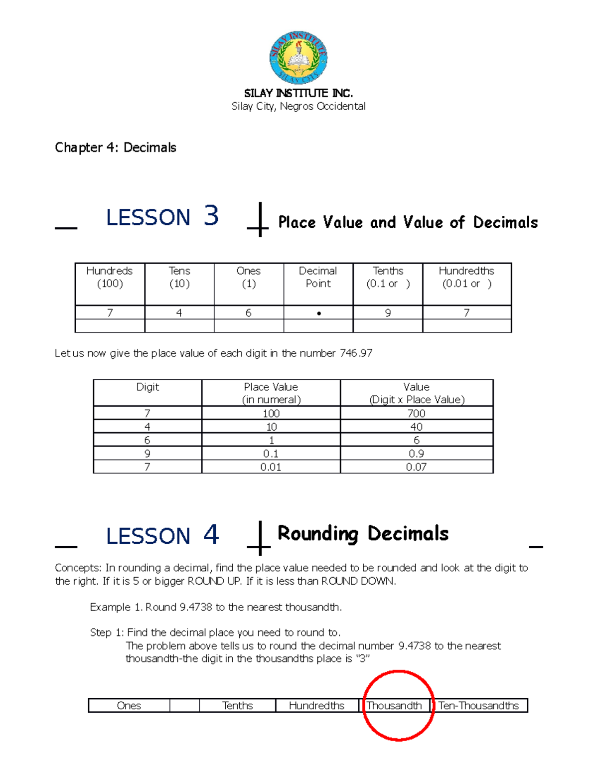 Mid-Worksheet #2 Place Value, Value, Rounding and Comparing Decimals ...