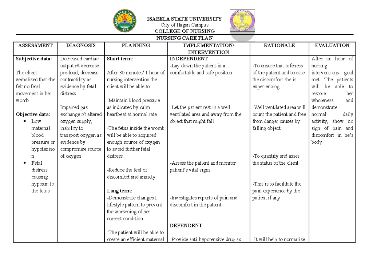 Nursing CARE PLAN MCN - care of mother - City of Ilagan Campus COLLEGE ...