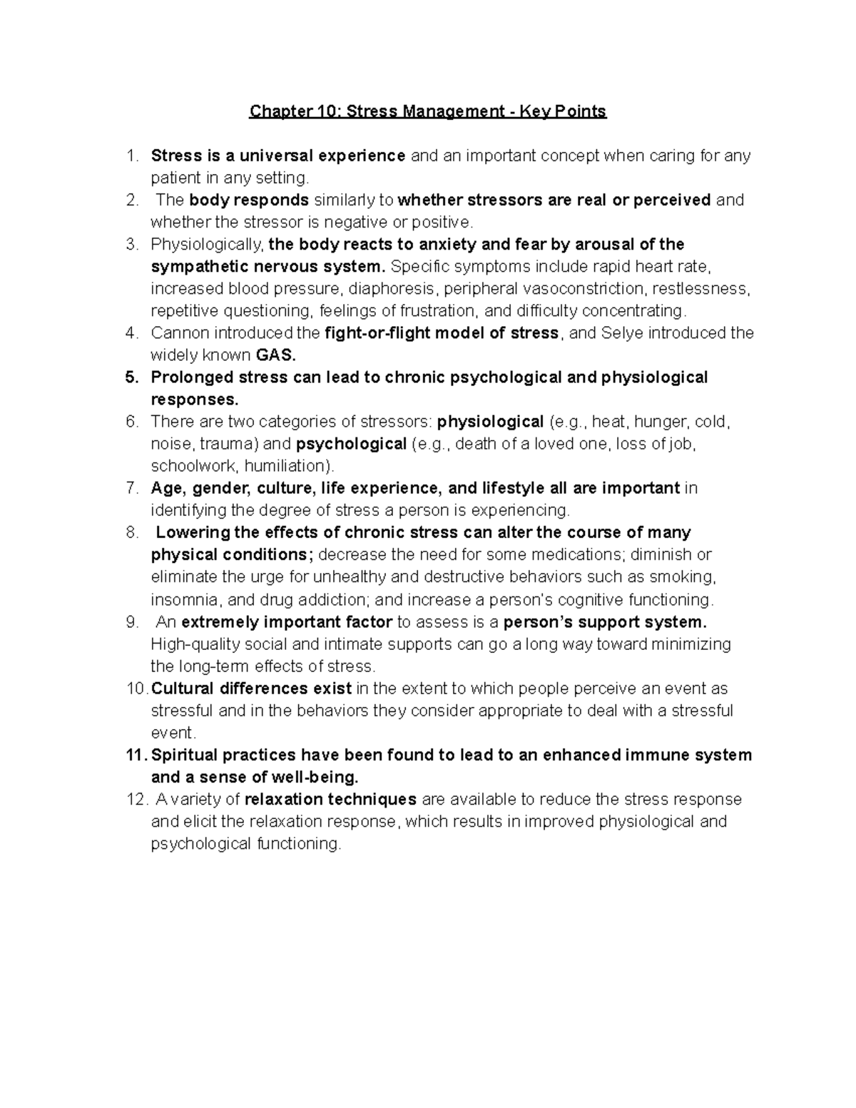 Chapter 10 Stress Management - Key Points - Chapter 10: Stress ...