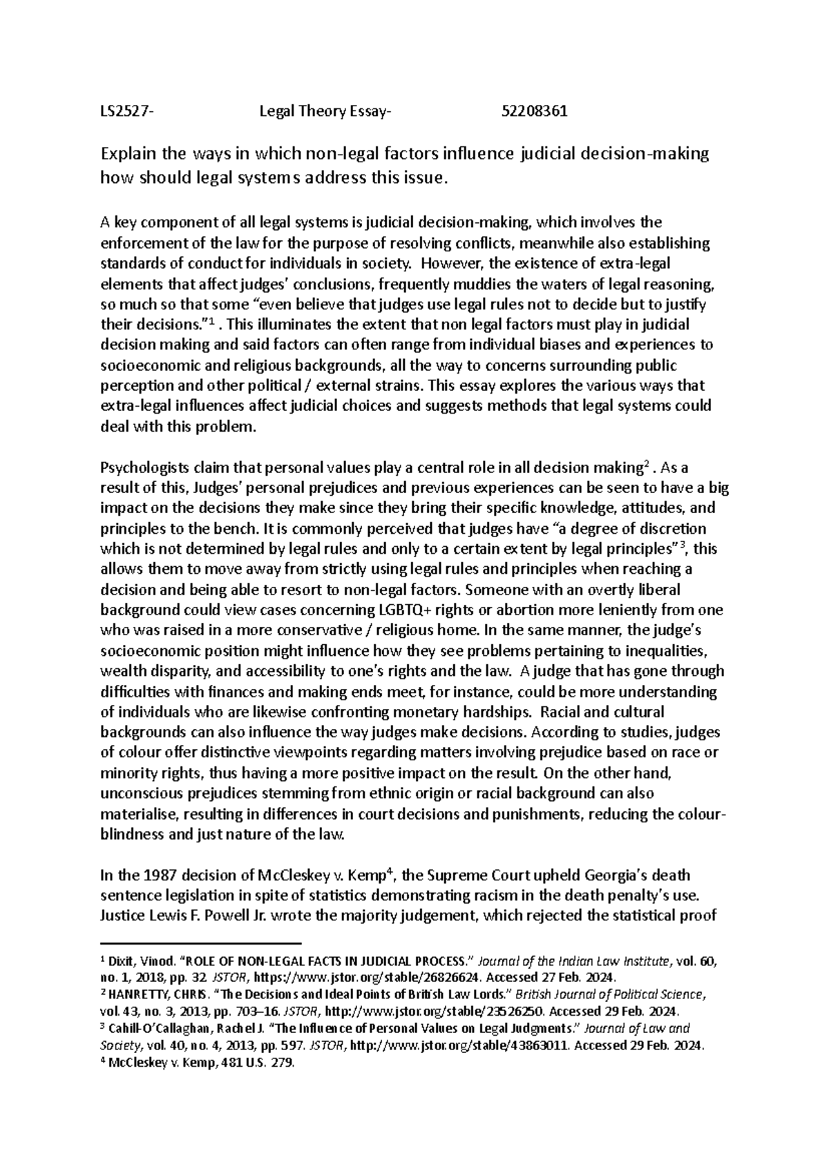 Legal theory essay - LS2527- Legal Theory Essay- 52208361 Explain the ways in which non-legal ...