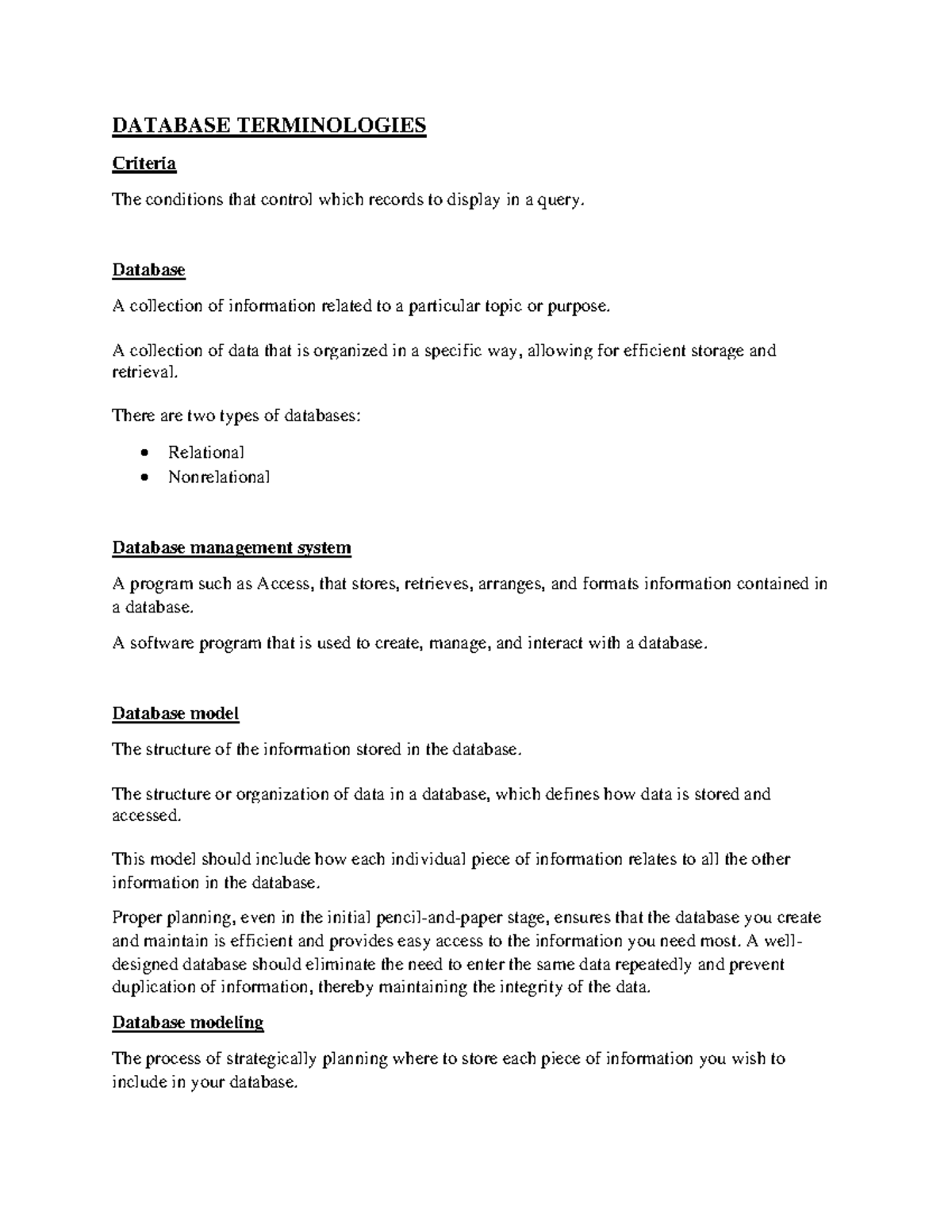 Database Terminologies Database Terminologies Criteria The Conditions That Control Which