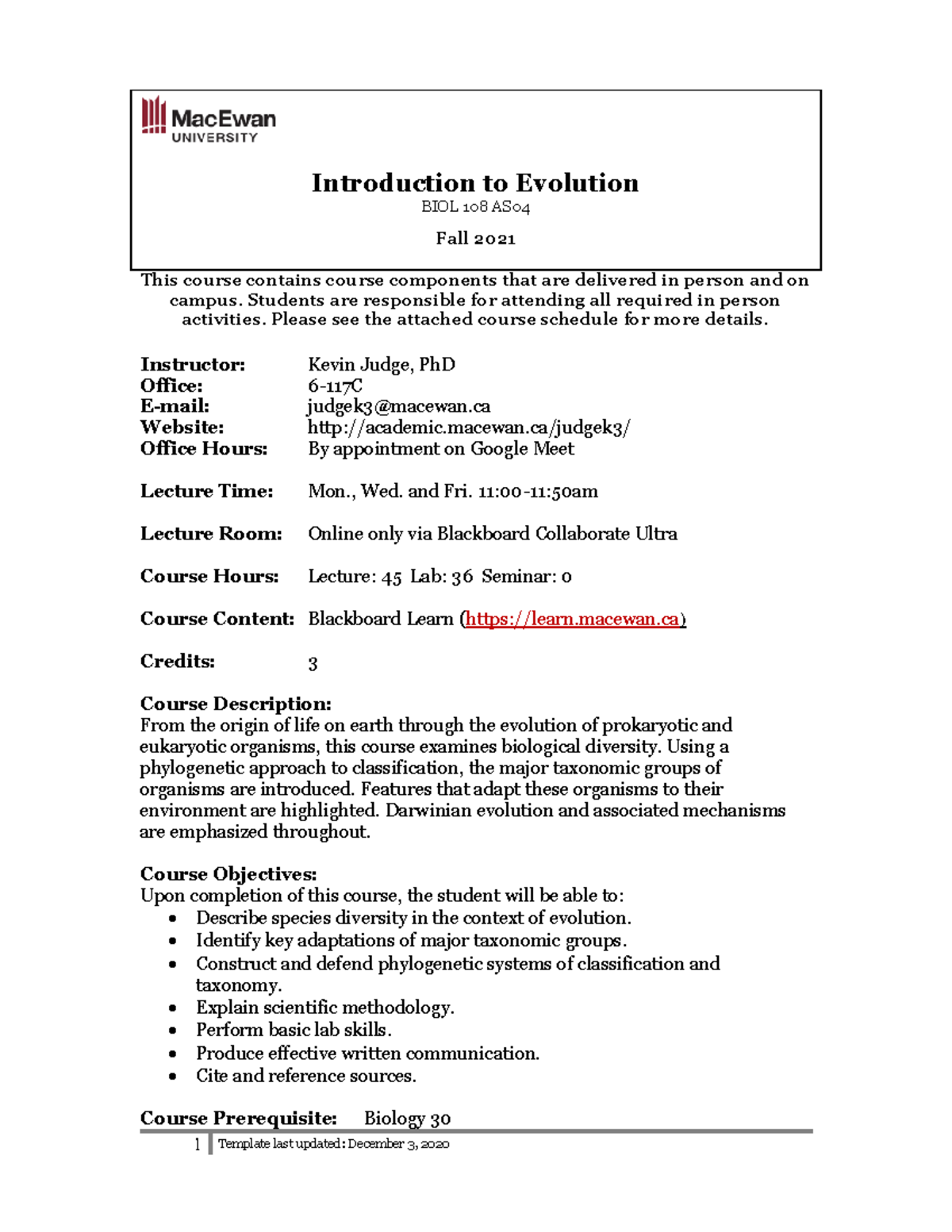 Bio 108 course outline - Biol108 - UAlberta - Studocu