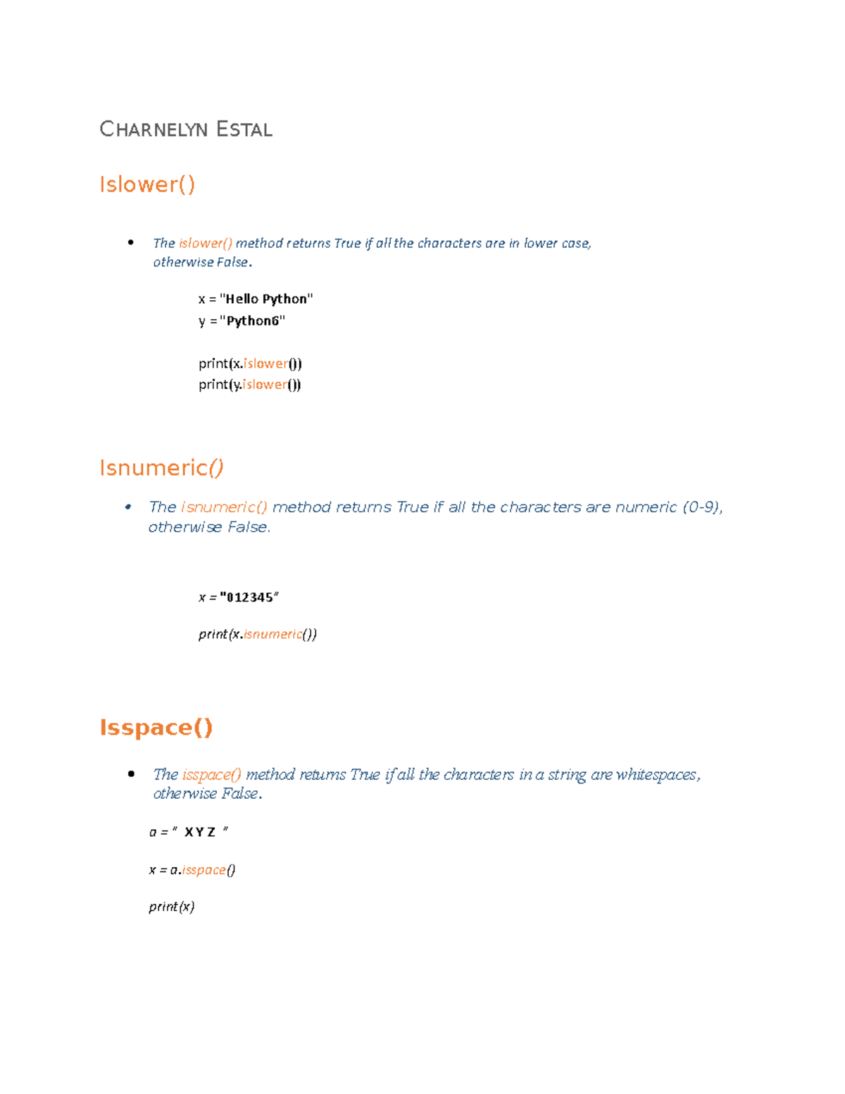 Zar - My work - CHARNELYN ESTAL Islower() The islower() method returns ...