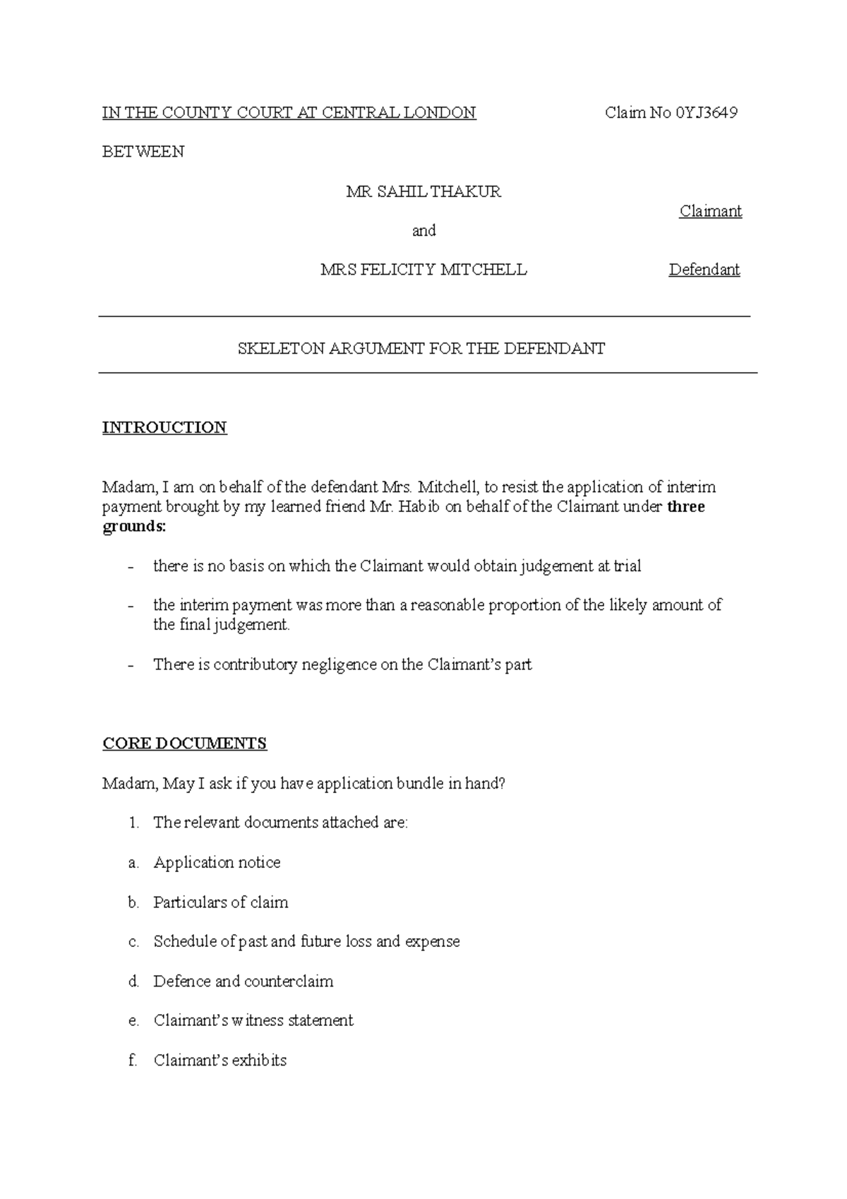 Civil Skeleton Argument (Interim Damages) - IN THE COUNTY COURT AT ...