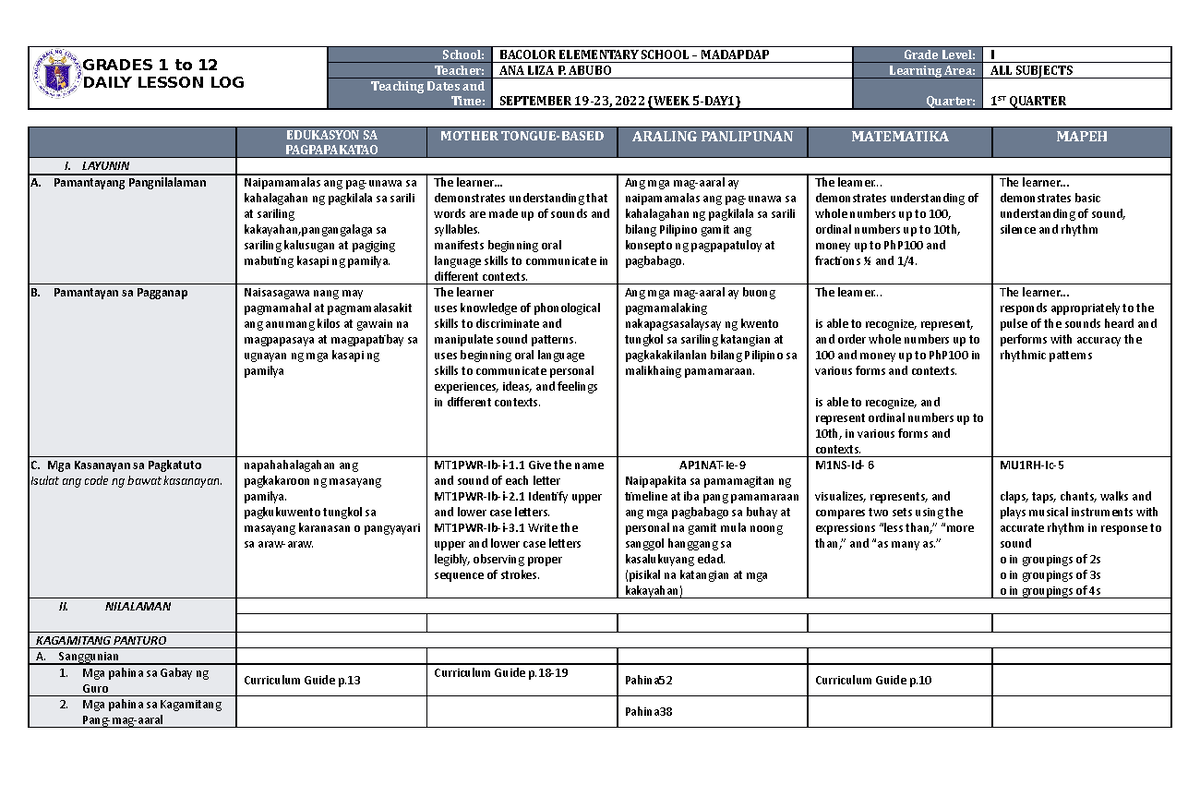 DLL ALL Subjects 1 Q1 W5 D1 - GRADES 1 to 12 DAILY LESSON LOG School ...