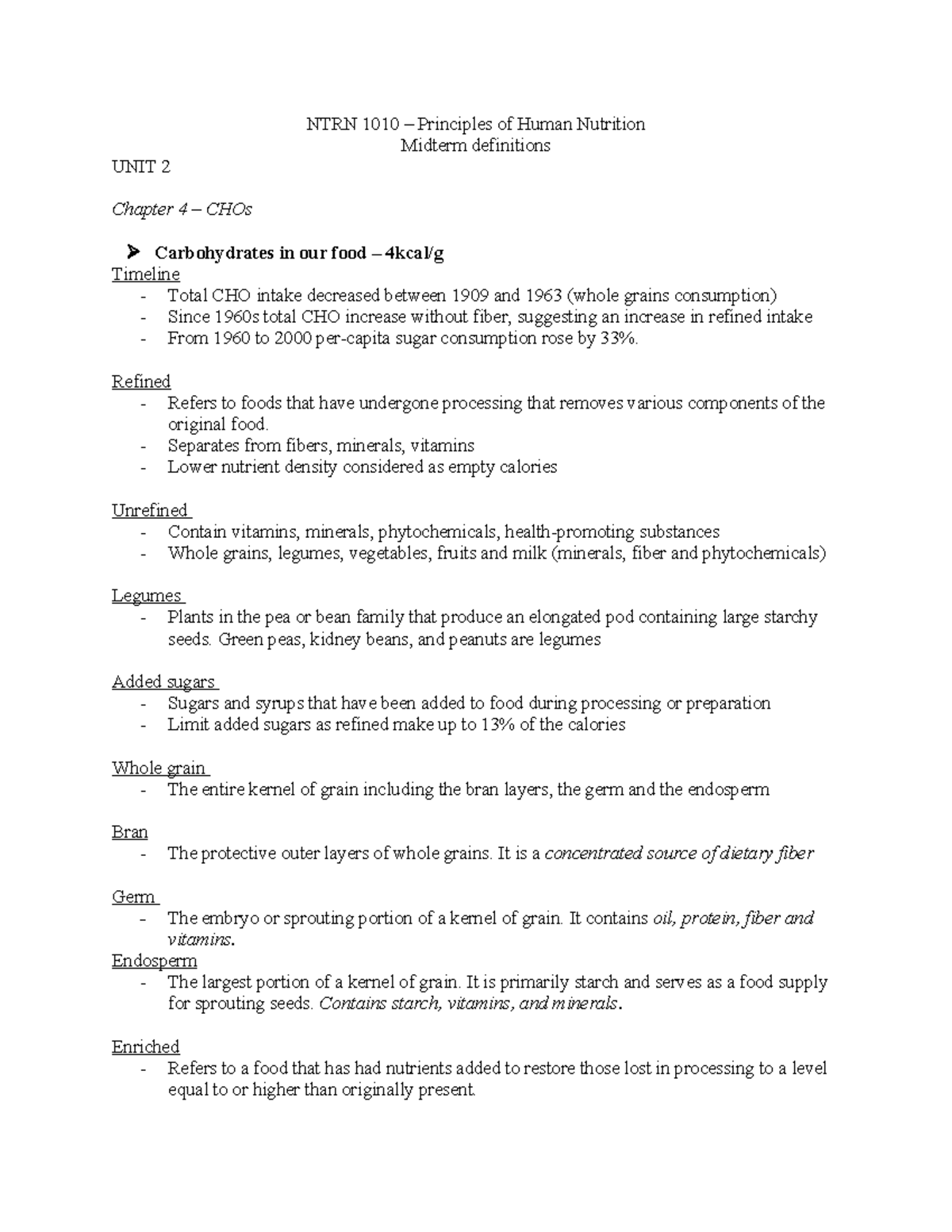 UNIT 2 Midterm NTRN - Summary Nutrition: Science and Applications ...