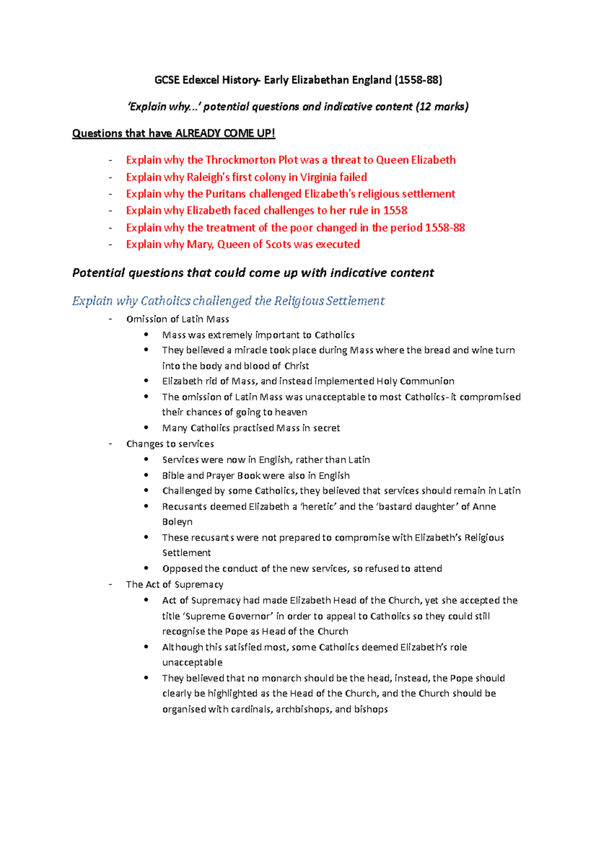 'Explain why' potential exam q's- Elizabethan England GCSE History ...