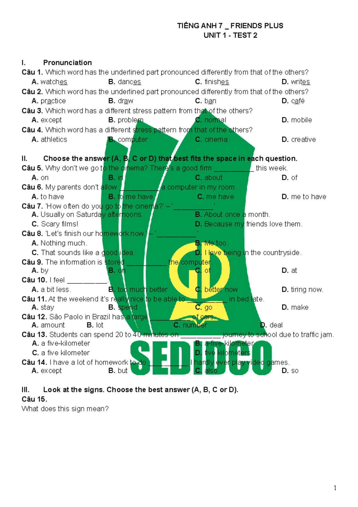 Tieng Anh 7 Friends Plus - Unit 1 - Test 2 - TIẾNG ANH 7 _ FRIENDS PLUS ...