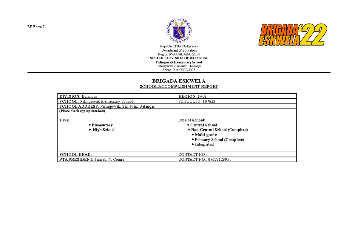 BE-Form-7 - Form - Republic of the Philippines Department of Education ...