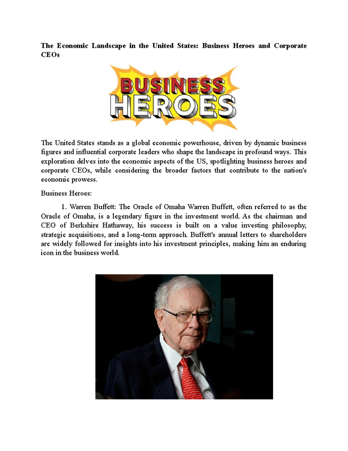 business heroes - The Economic Landscape in the United States: Business ...