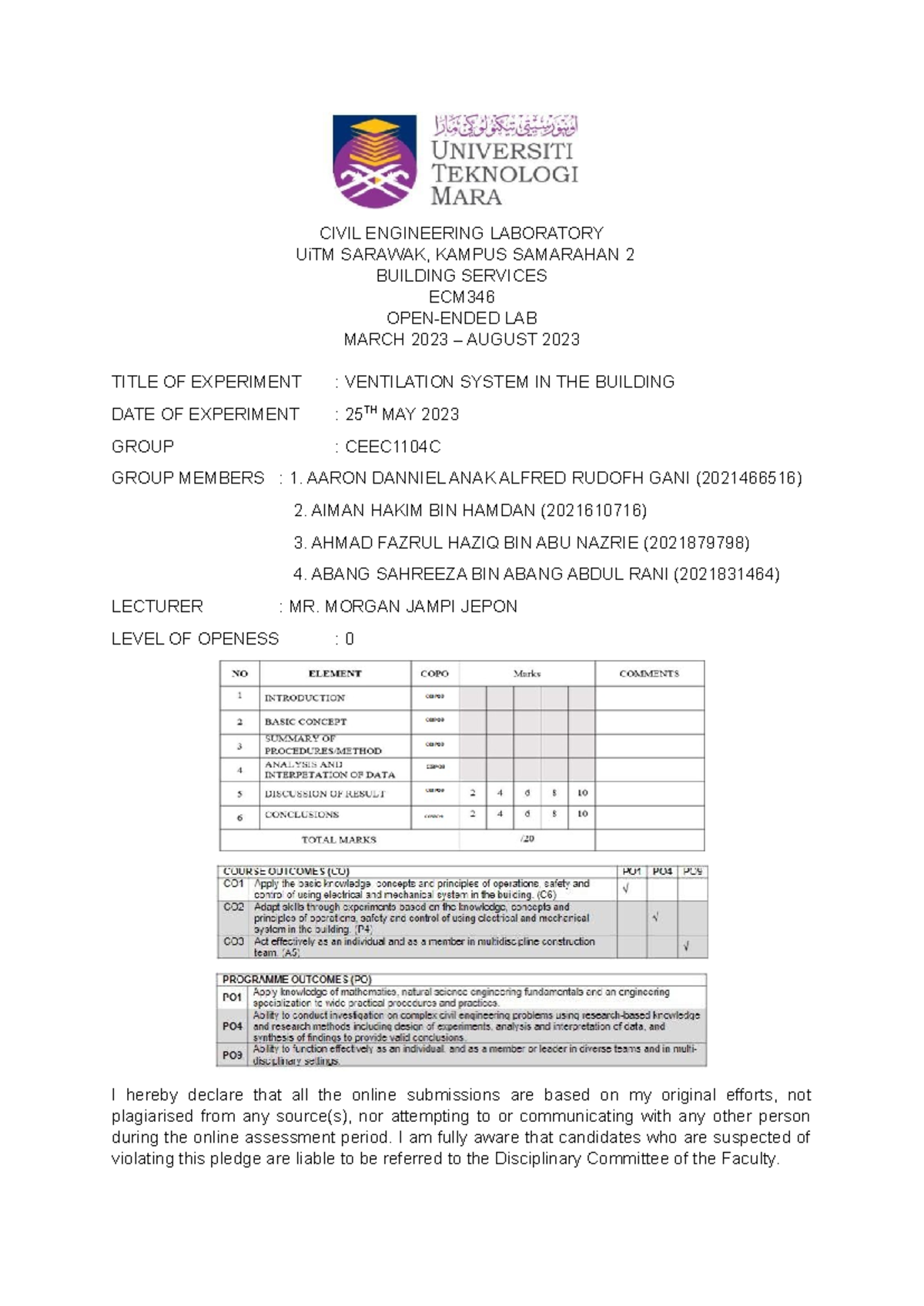 LAB 7 Ventilation System - CIVIL ENGINEERING LABORATORY UiTM SARAWAK ...