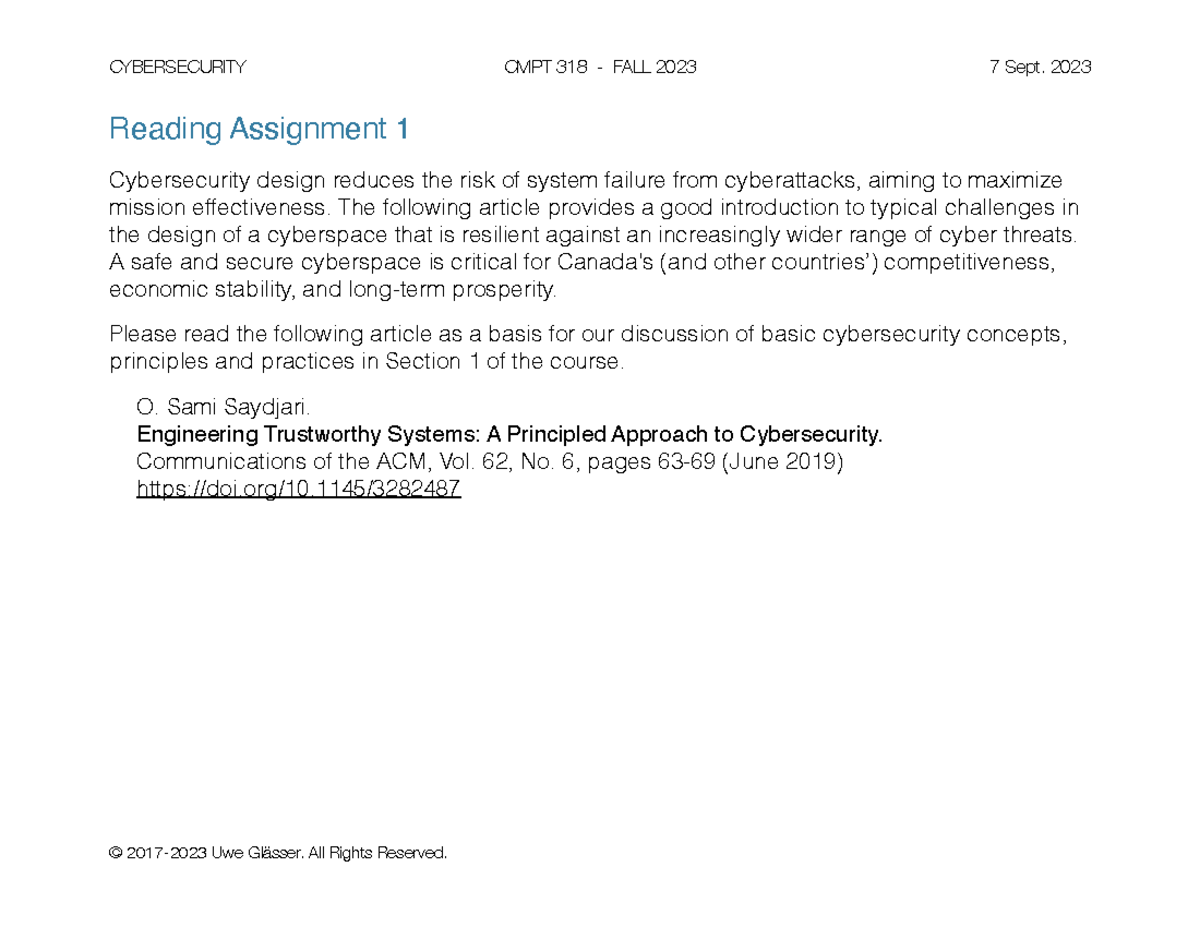 318 Reading Assignment 1 - CYBERSECURITY CMPT 318 - FALL 2023 7 Sept. 2023 Reading Assignment 1 ...