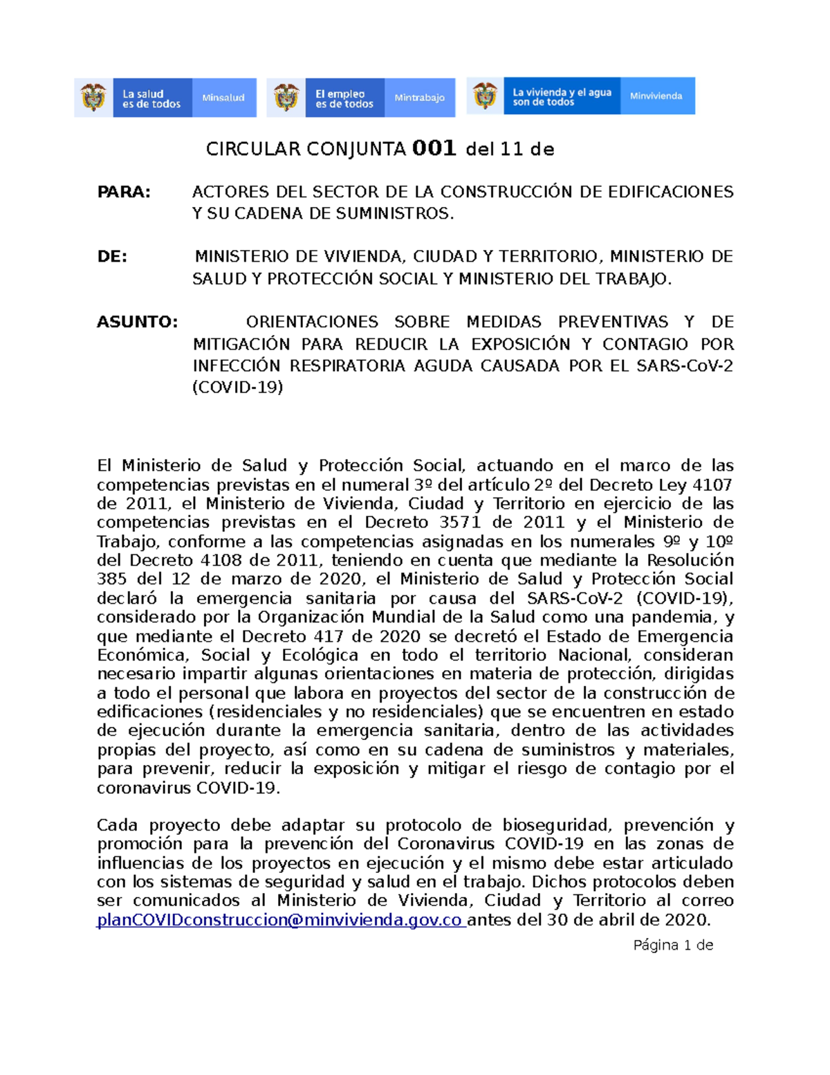Circular Conjunta 001 del 11 de Abril de 2020 - CIRCULAR CONJUNTA 001 del 11 de Abril de 2020 ...