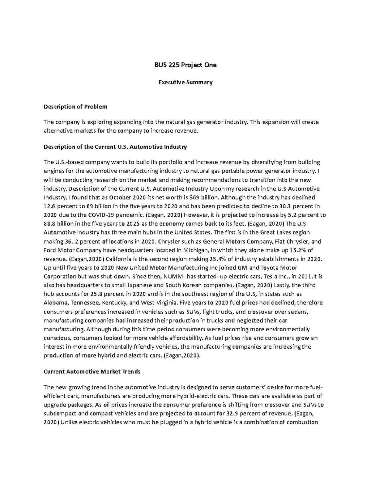 BUS225 Project One - week 7 journal - BUS 225 Project One Executive ...