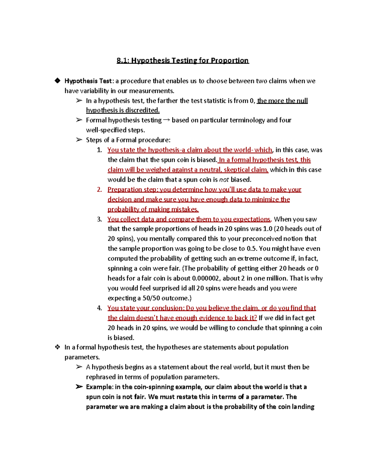 8.1 8.2 8.4 Notes - 8: Hypothesis Testing for Proportion Hypothesis ...
