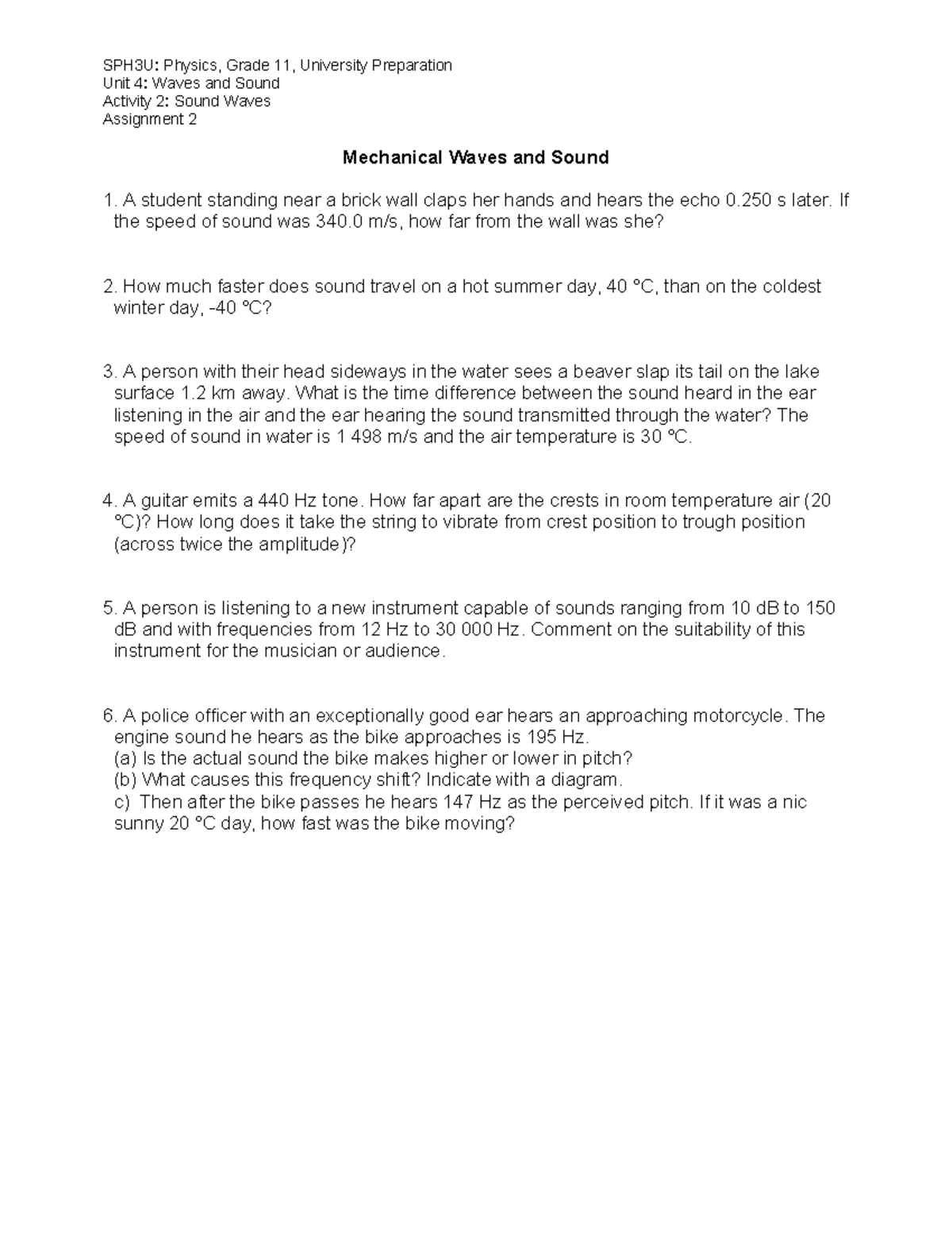 math assignment - SPH3U: Physics, Grade 11, University Preparation Unit 4: Waves and Sound ...