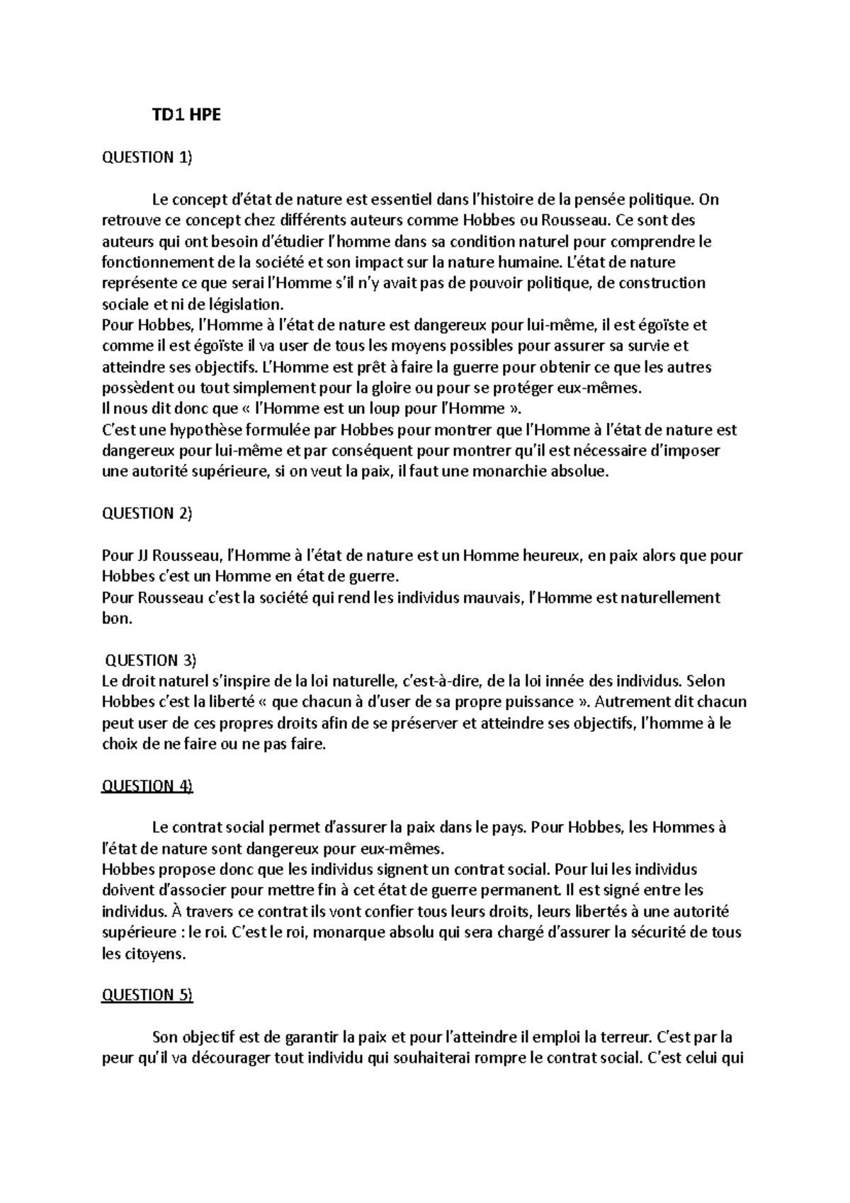 TD1 HPE T Hobbes et l'économique - TD1 HPE QUESTION 1) Le concept d’état de nature est essentiel ...