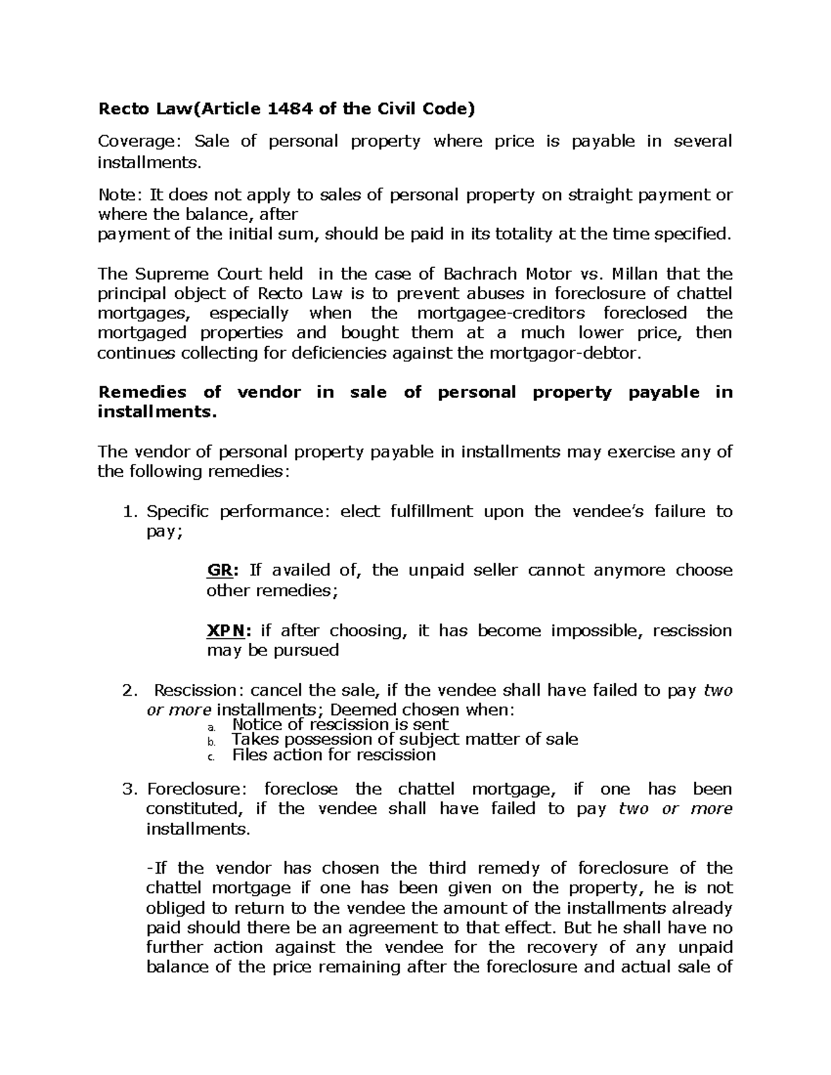 Sales Handout Part 4 BU BSA - Recto Law(Article 1484 of the Civil Code ...