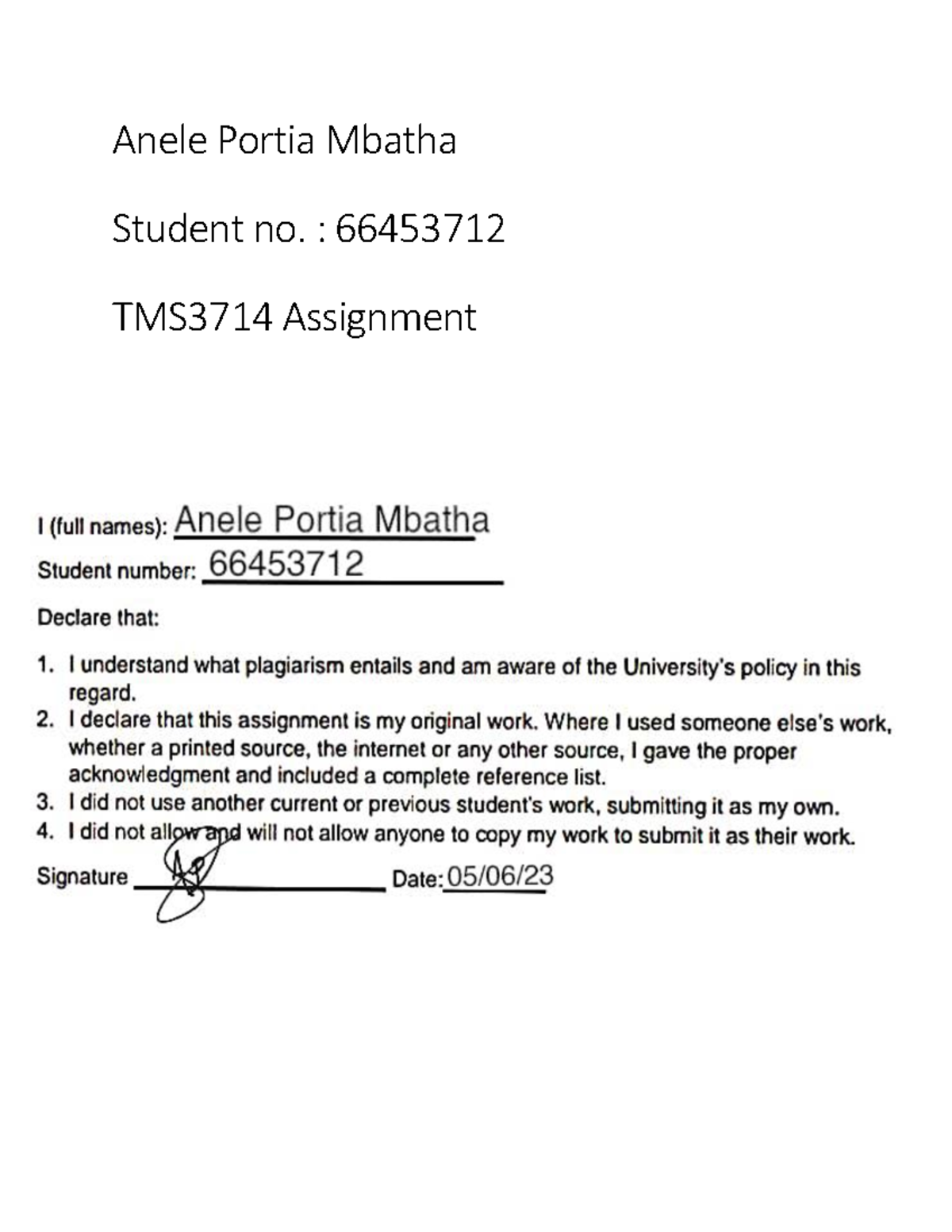 Assignment 3 TMS3714 - Anele Portia Mbatha Student no. : 66453712 ...