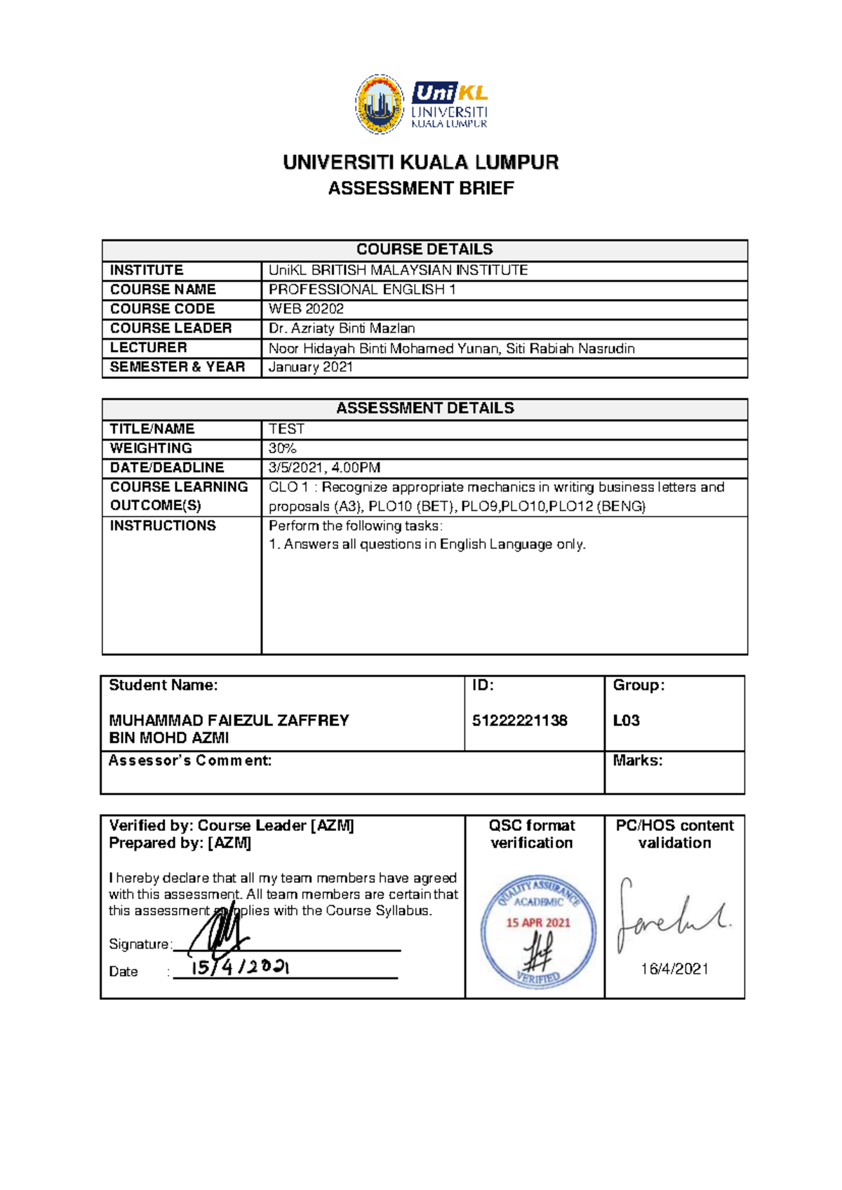 Muka depan test pe 1 - report - UNIVERSITI KUALA LUMPUR ASSESSMENT ...
