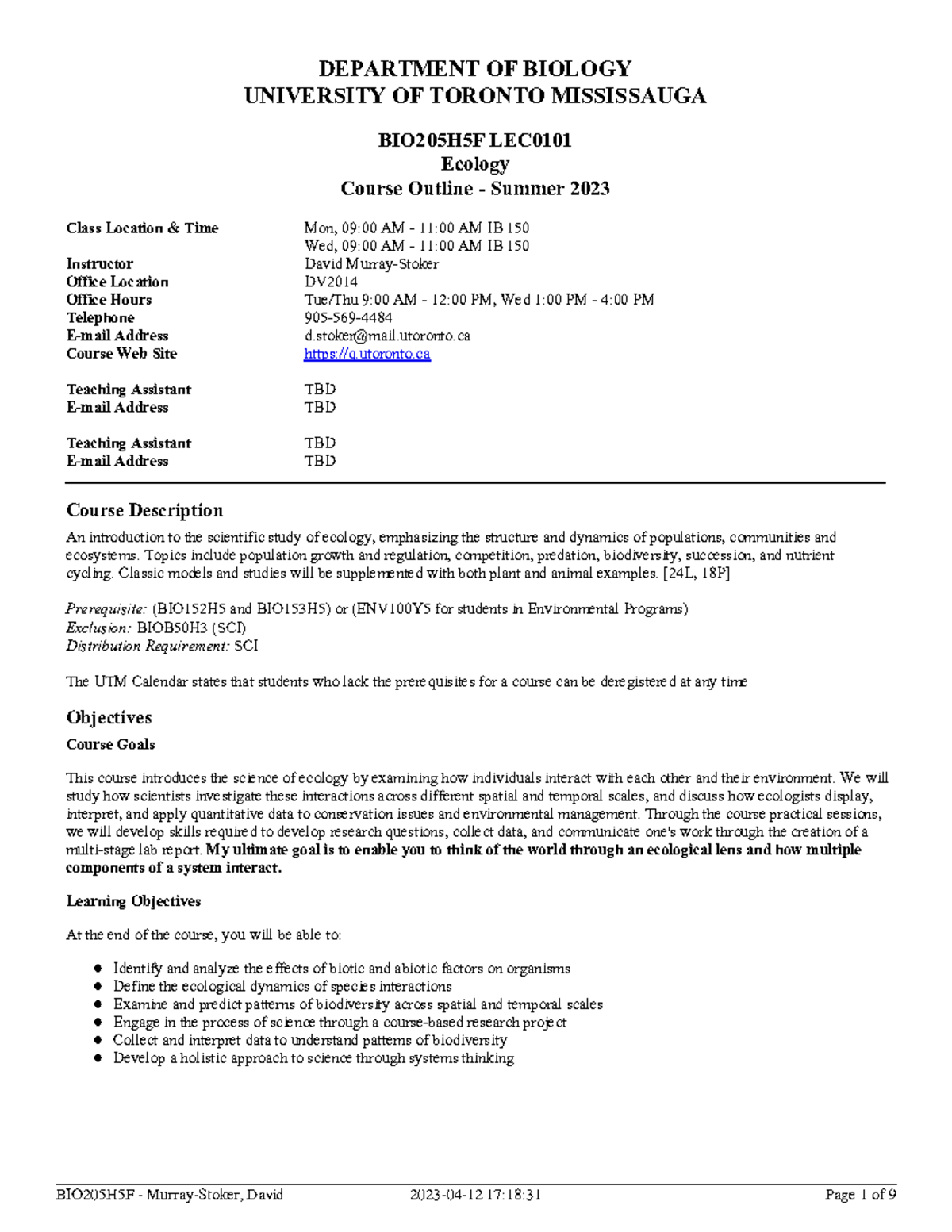 20235 BIO205H5F LEC0101 syllabus - DEPARTMENT OF BIOLOGY UNIVERSITY OF TORONTO MISSISSAUGA ...
