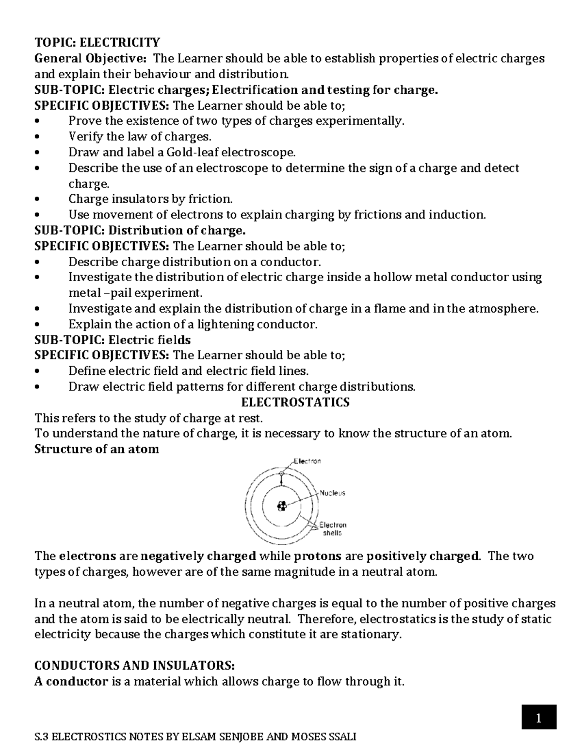 Electricity - 1 TOPIC: ELECTRICITY General Objective: The Learner ...