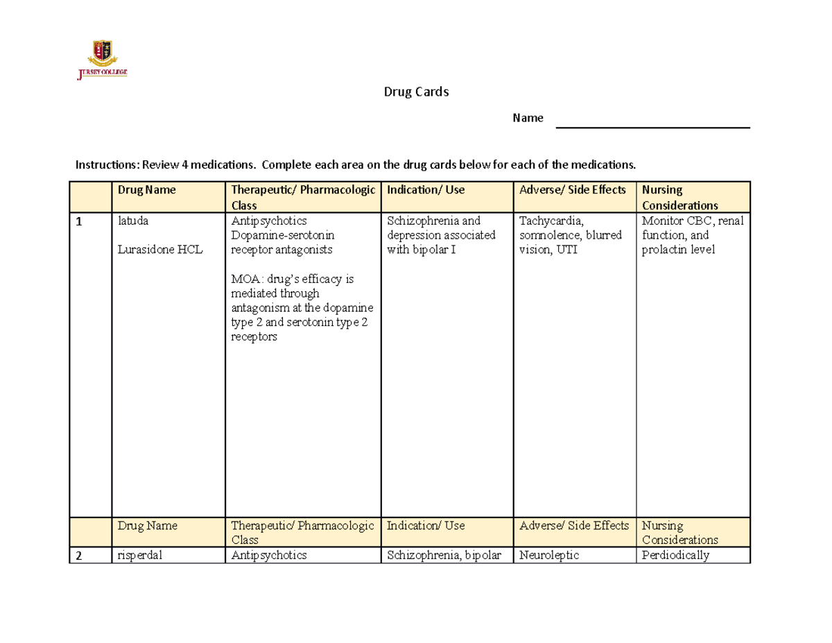 Drug Cards Form (7 drug cards) psych - Drug Cards Name Instructions ...