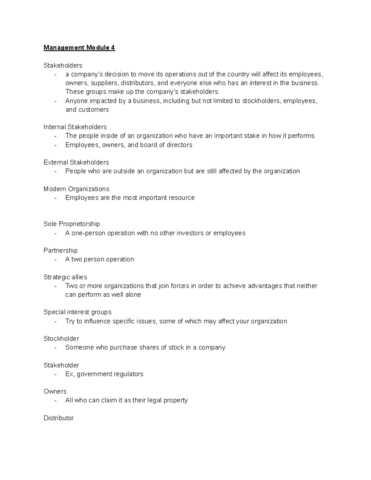 Management Module 4 - These groups make up the company’s stakeholders ...