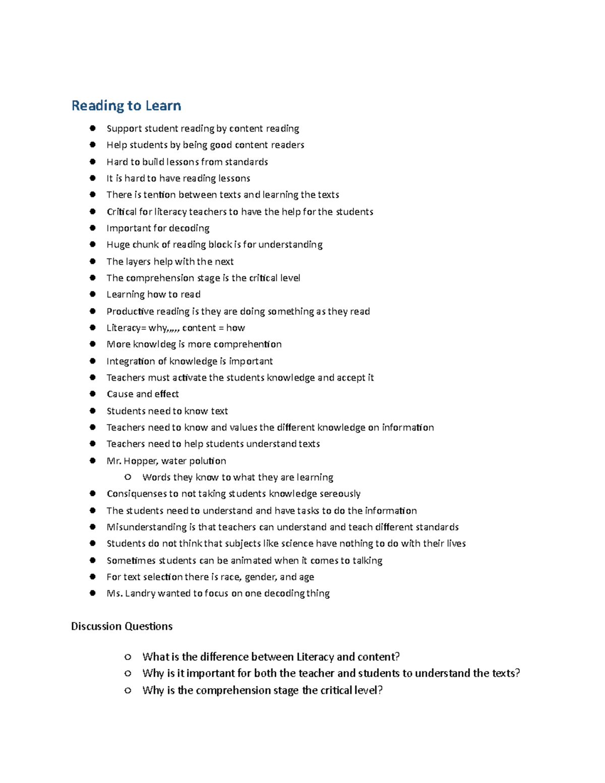 TCH 223 Week 5 - Lecture Notes and Reading - Reading to Learn Support ...
