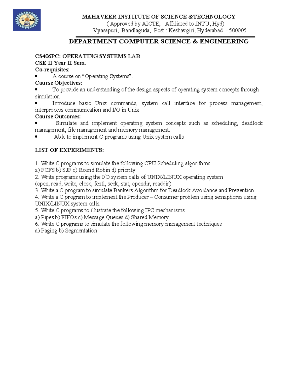 OS LAB Manual - ( Approved by AICTE, Affiliated to JNTU, Hyd) Vyasapuri ...