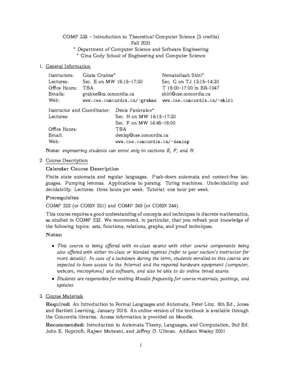 Outline fall 2021- comp 348 - COMP 335 – Introduction to Theoretical ...