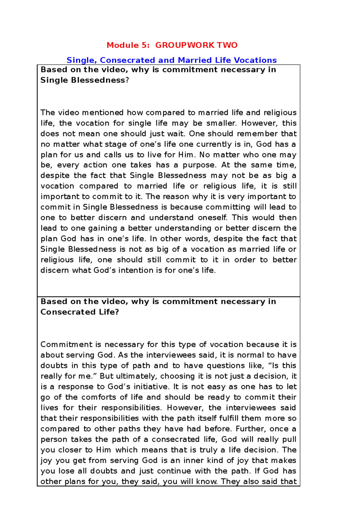 Groupwork Two - Single, Consecrated and Married Life Vocations - Module ...