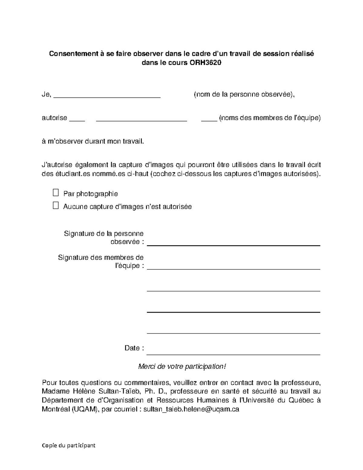 Fiche de consentement observation - Copie du participant Consentement à ...