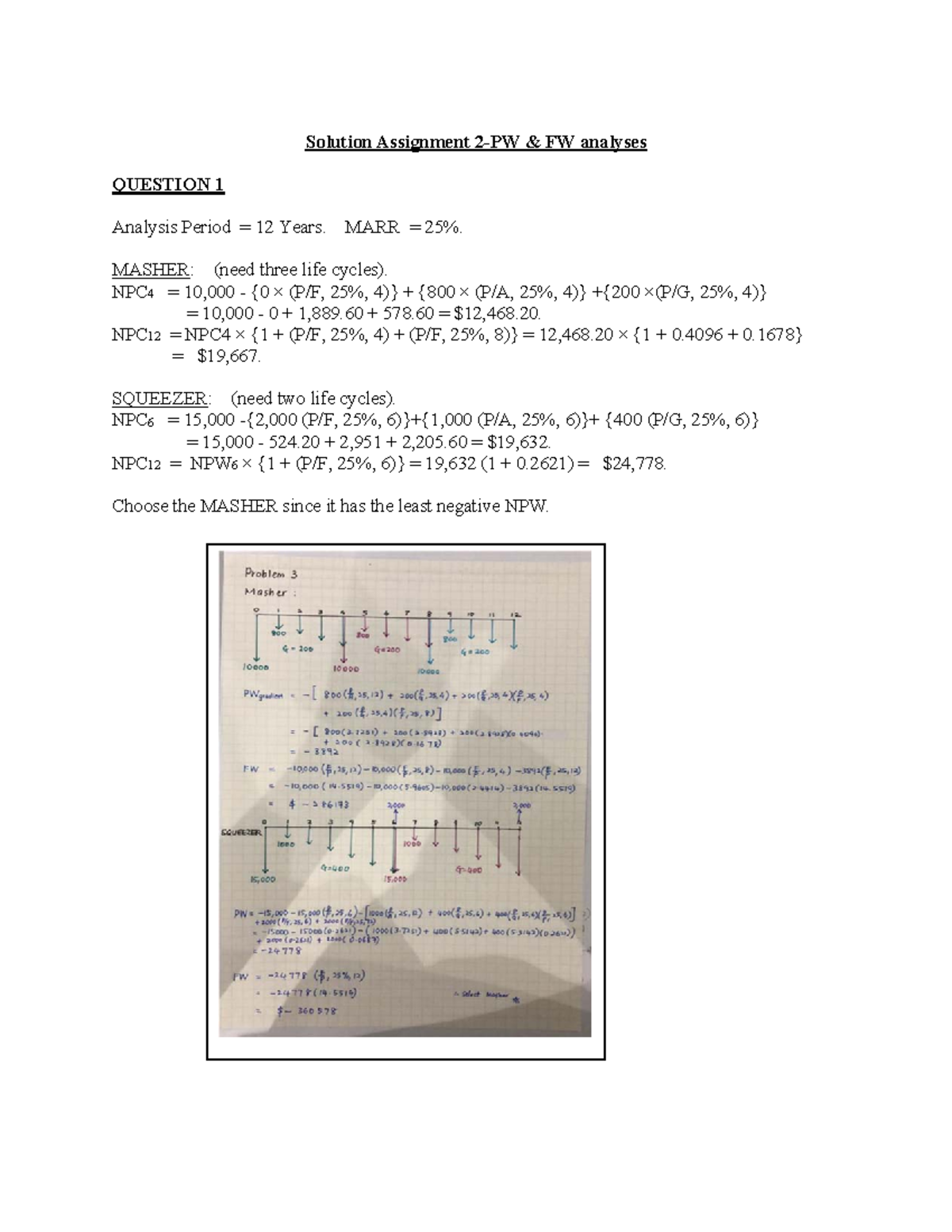 Solution Assignment 2 PW - MARR = 25%. MASHER: (need three life cycles). NPC 4 = 10,000 - {0 × ...