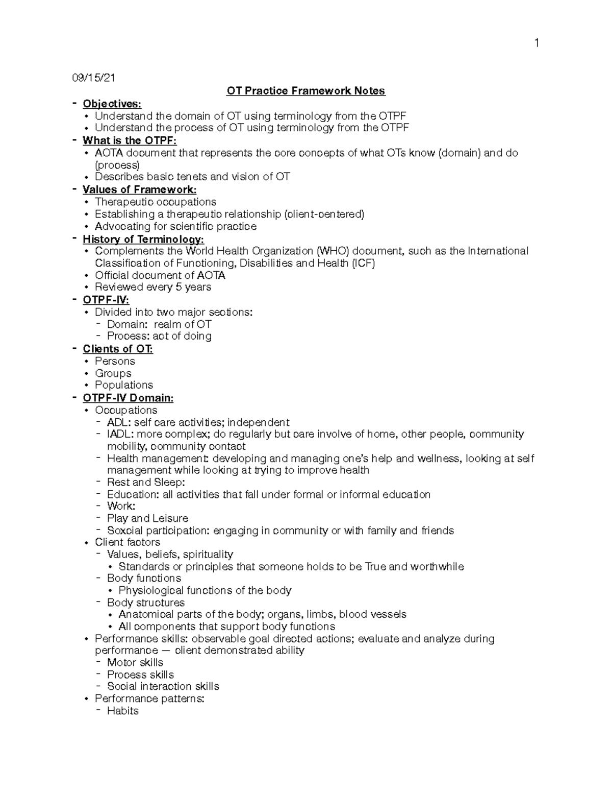 OTPF Notes - 09/15/ OT Practice Framework Notes - Objectives ...