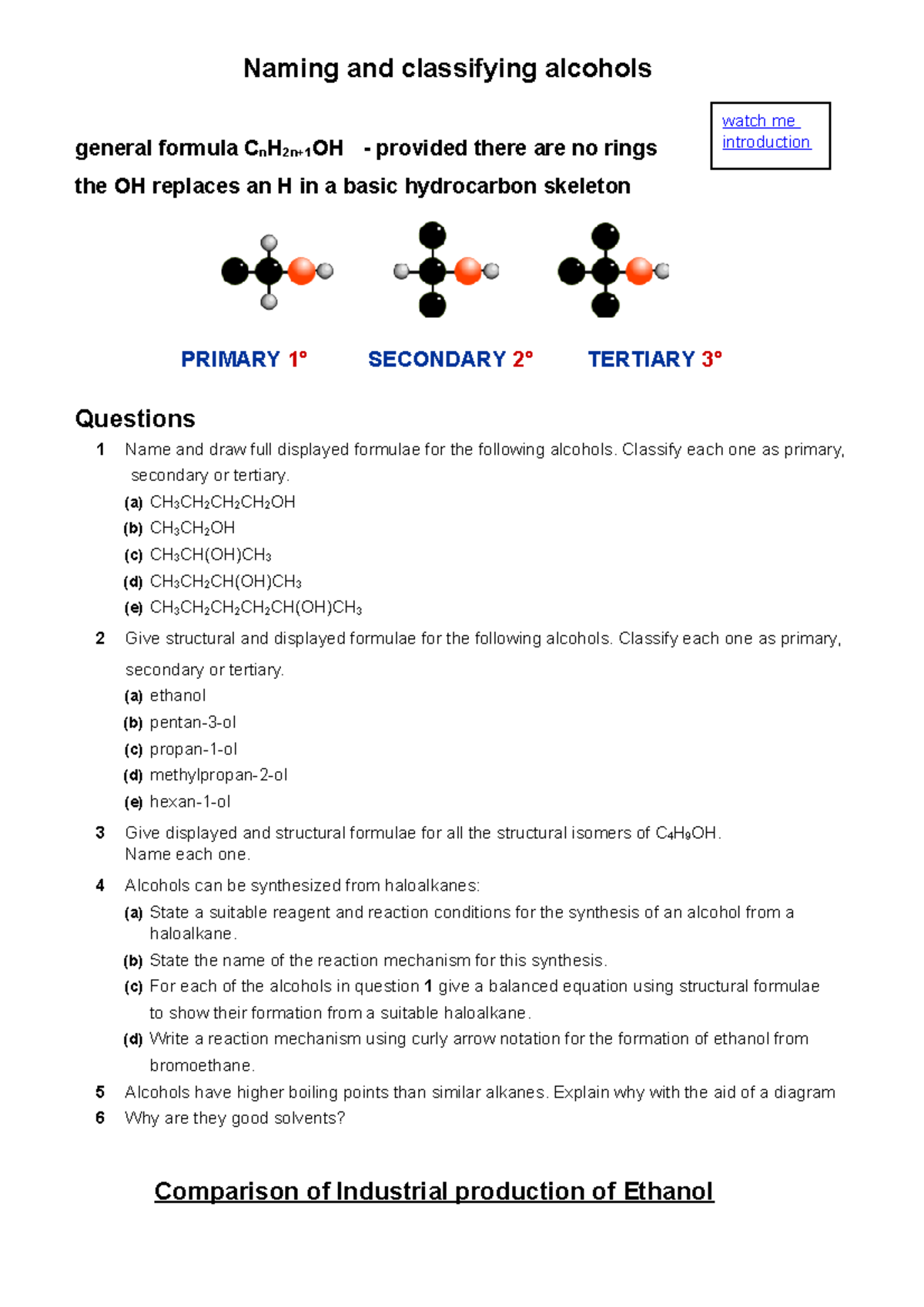 Alcohols Workbook - not applicable - Naming and classifying alcohols ...