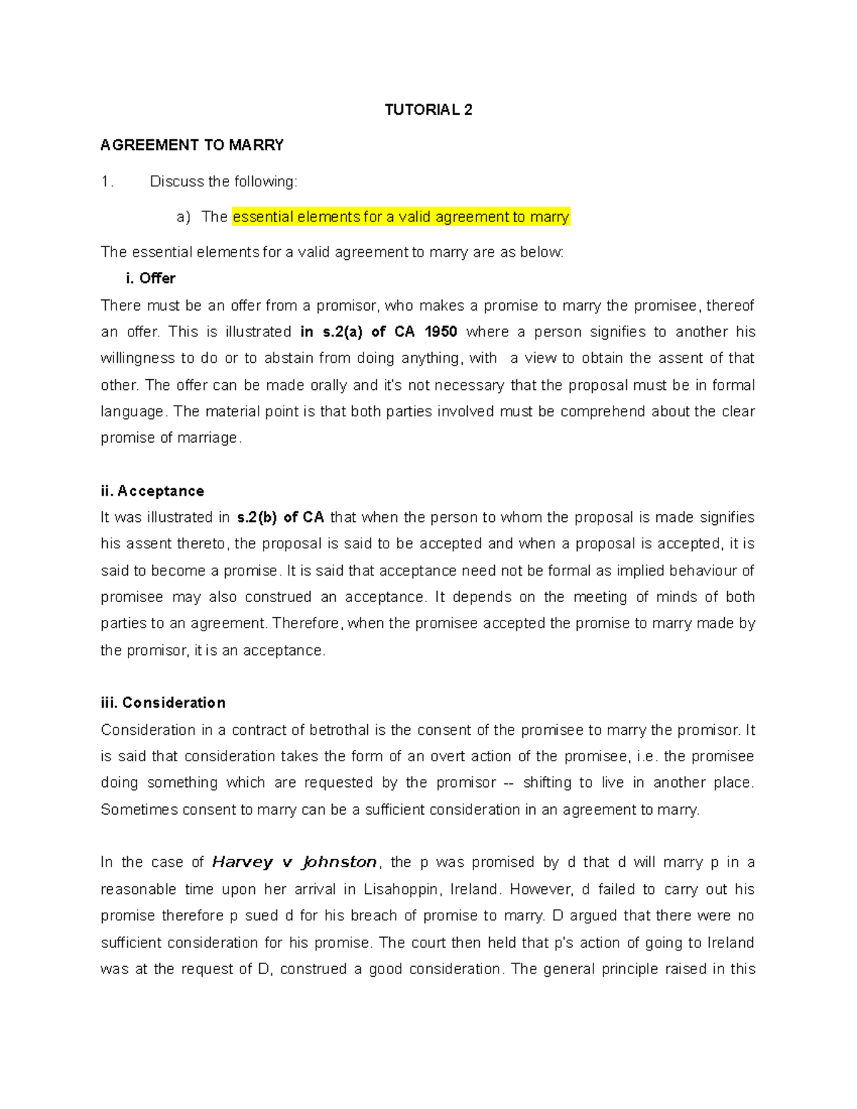 Family Law Tutorial 2 TUTORIAL 2 AGREEMENT TO MARRY Discuss The family-law-tutorial-2-tutorial-2-agreement-to-marry-discuss-the