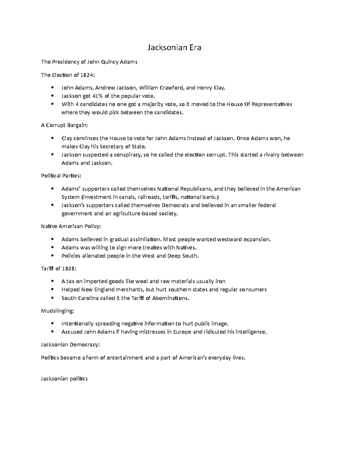 Jacksonian Era - Jacksonian Era The Presidency of John Quincy Adams The ...